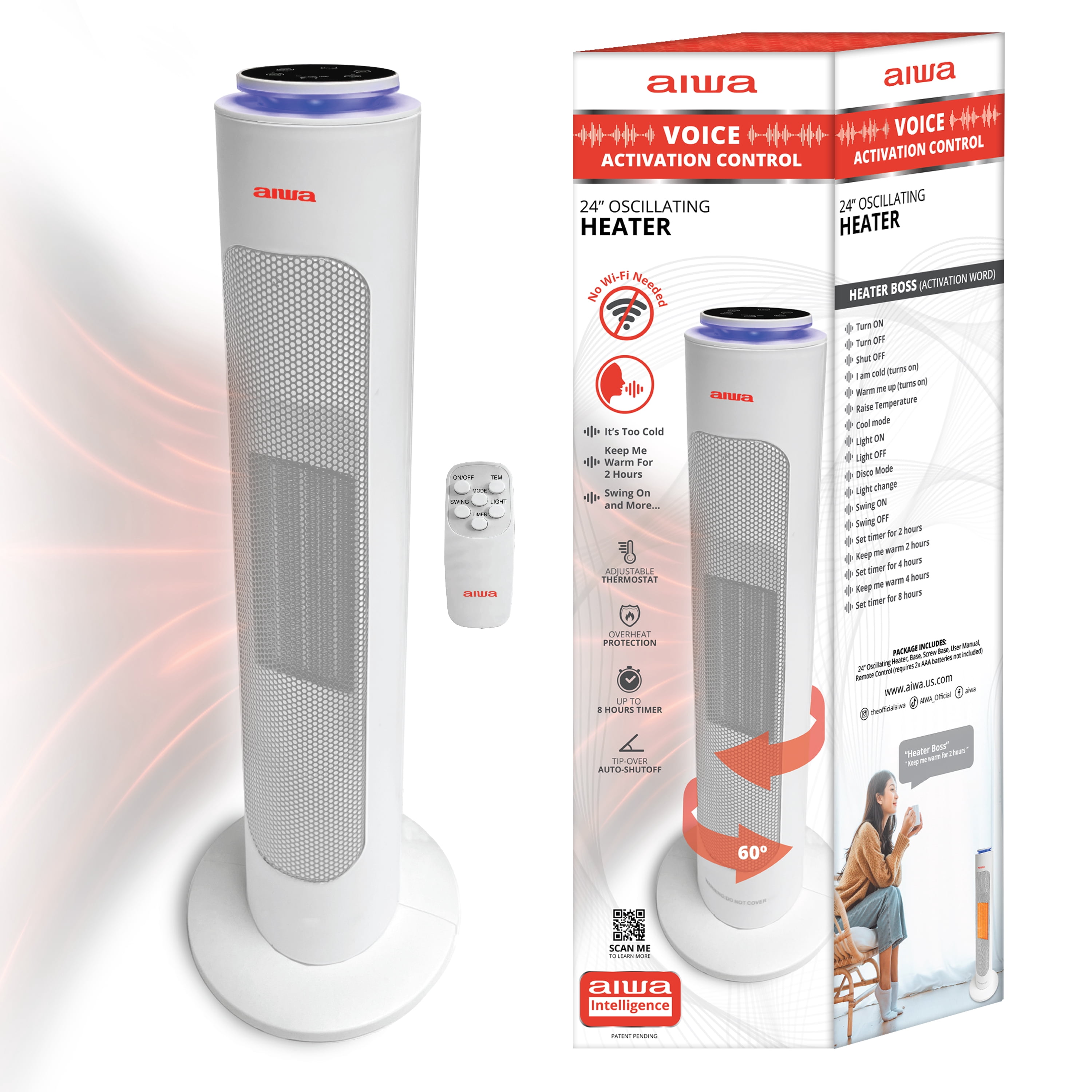 Aiwa Voice Activated 24" Oscillating Tower Space Heater Portable Heater ...