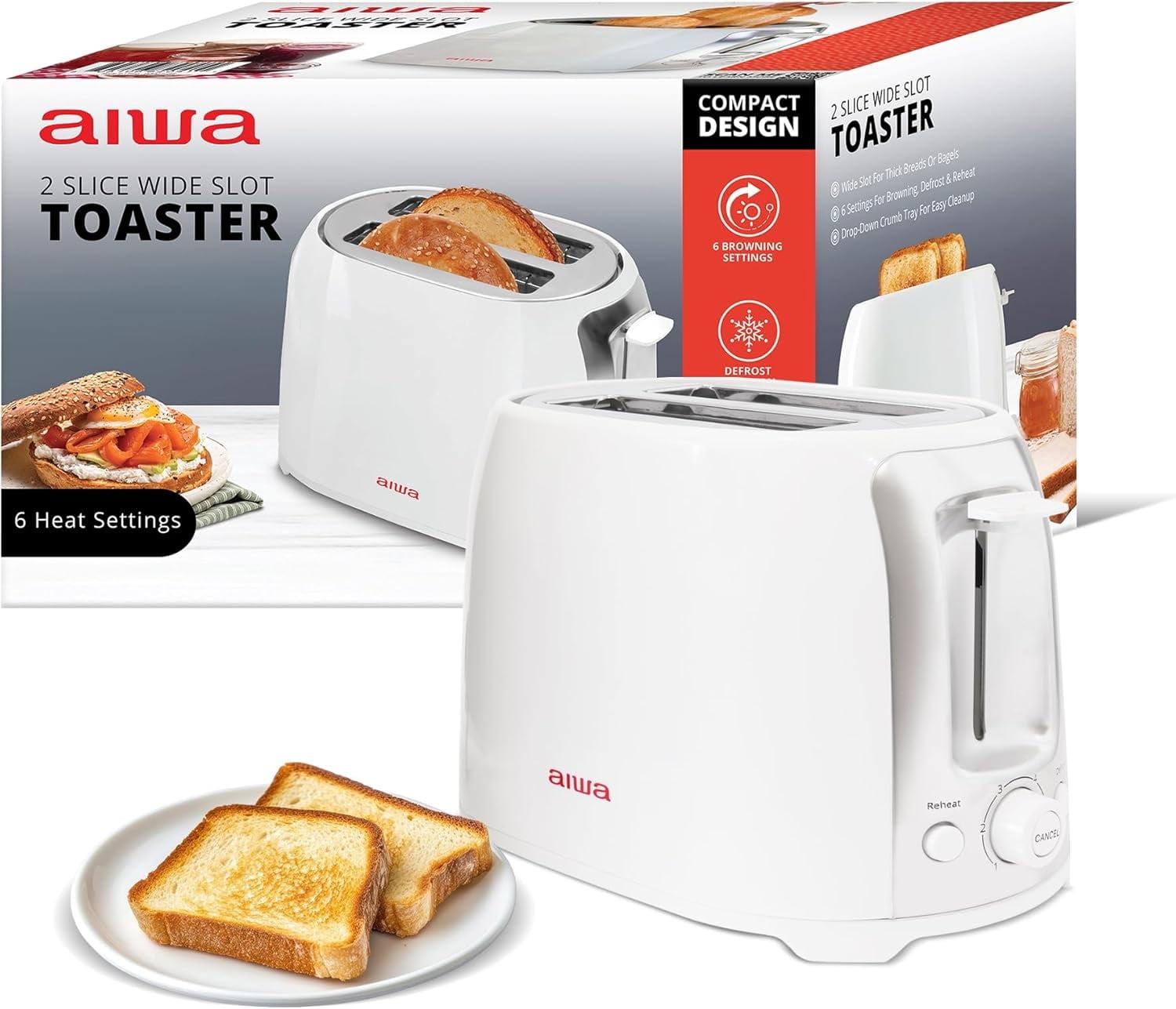 Aiwa 2-Slice Toaster with Wide Slots, 6 Browning Settings, and Crumb ...