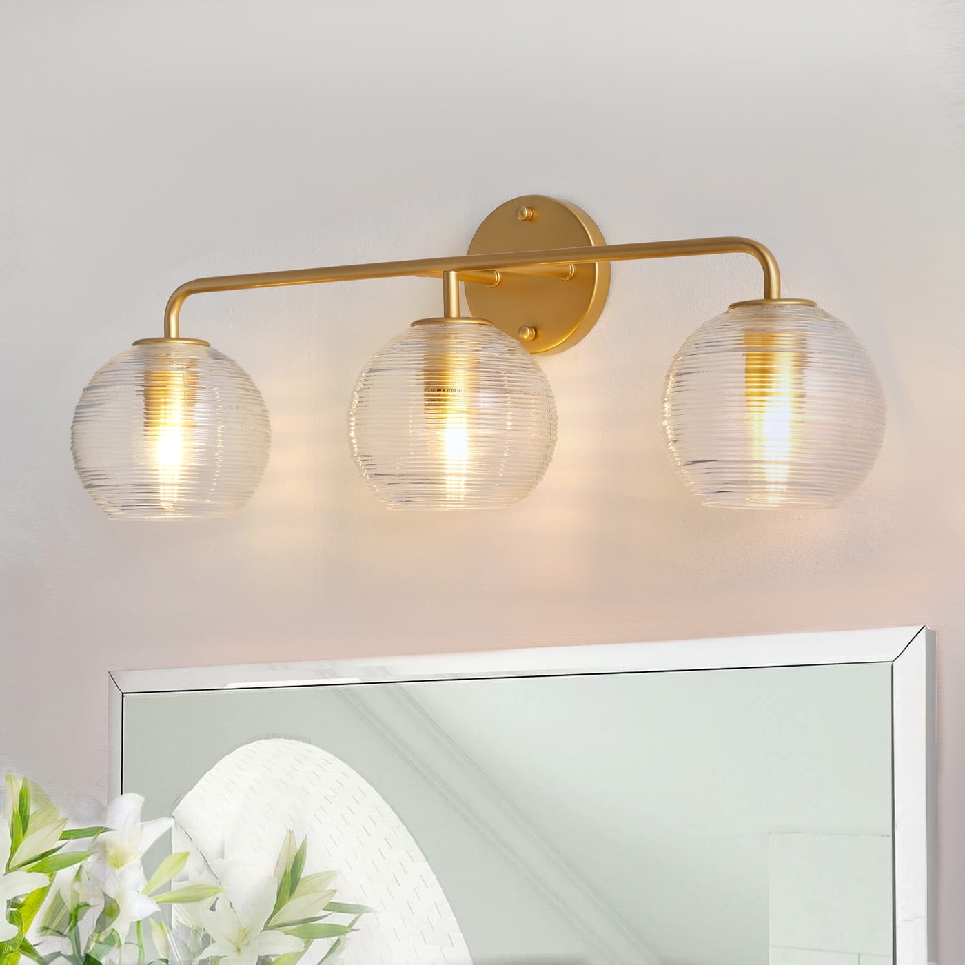 Aiwen 3-Light Gold Retro Vanity Lights with Clear Glass Shades and E26 ...