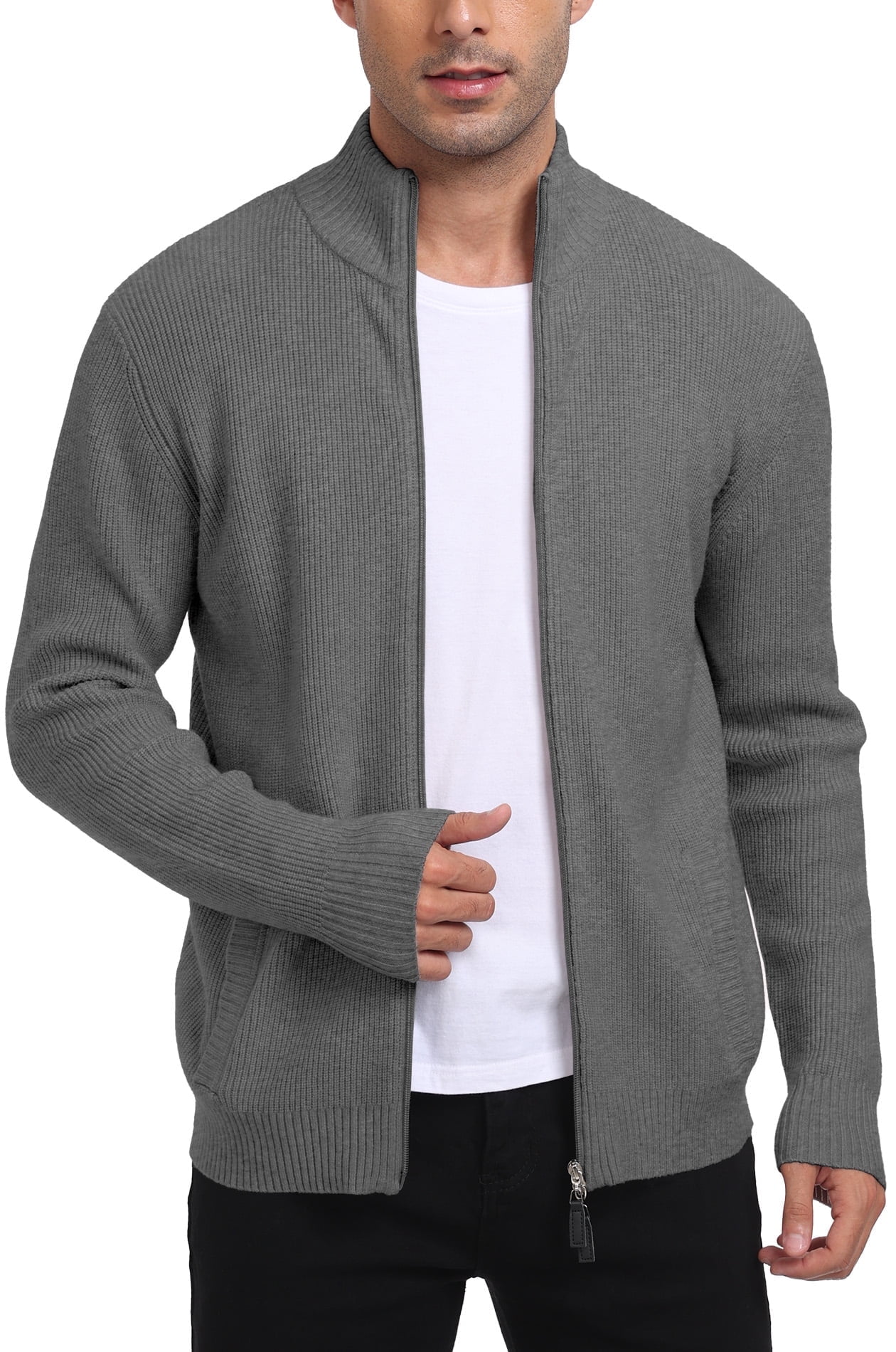 Aiyino Men's Cardigan Sweaters Full Zip Up Stand Collar Slim Fit Casual Knitted Sweater with 2 ...