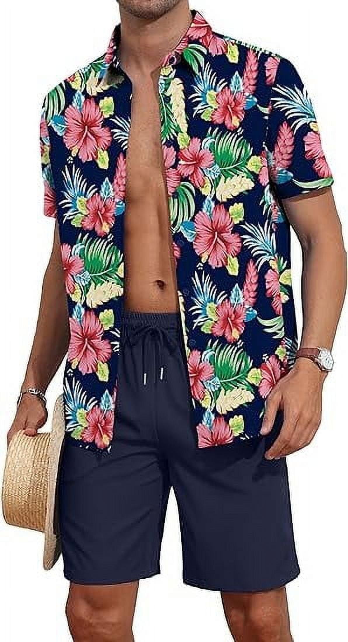 Aiyino Men's Flower Button Down Hawaiian Outfit Sets Casual Short ...