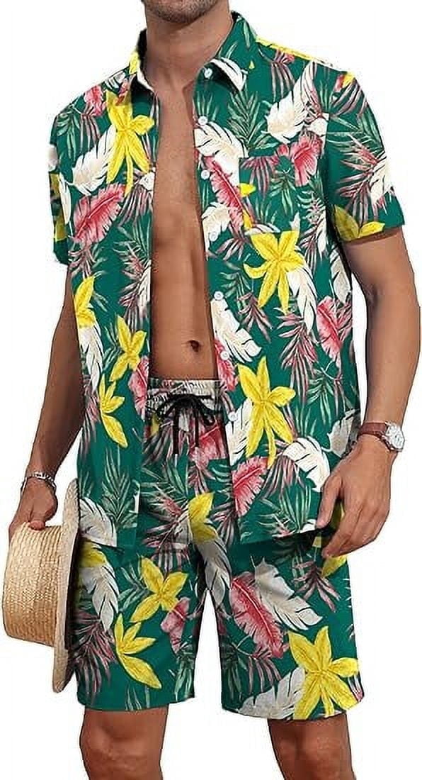 Aiyino Men's Flower Button Hawaiian Sets Casual Short Sleeve Shirt and ...