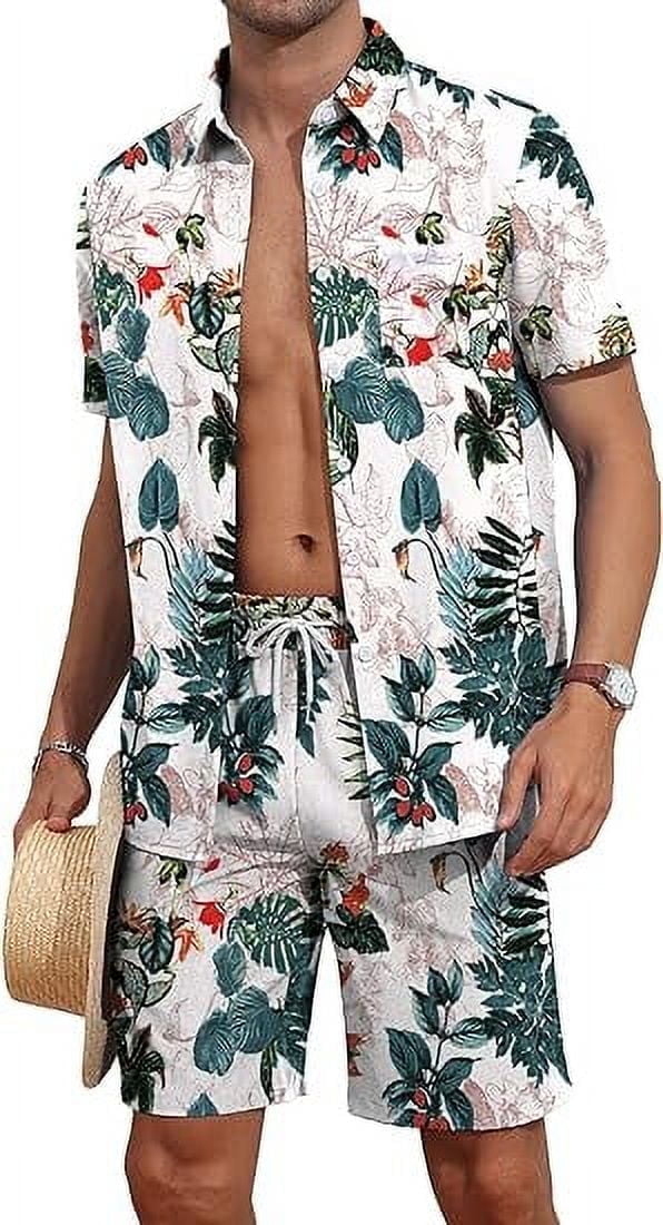 Aiyino Men's Flower Button Hawaiian Sets Casual Short Sleeve Shirt and ...