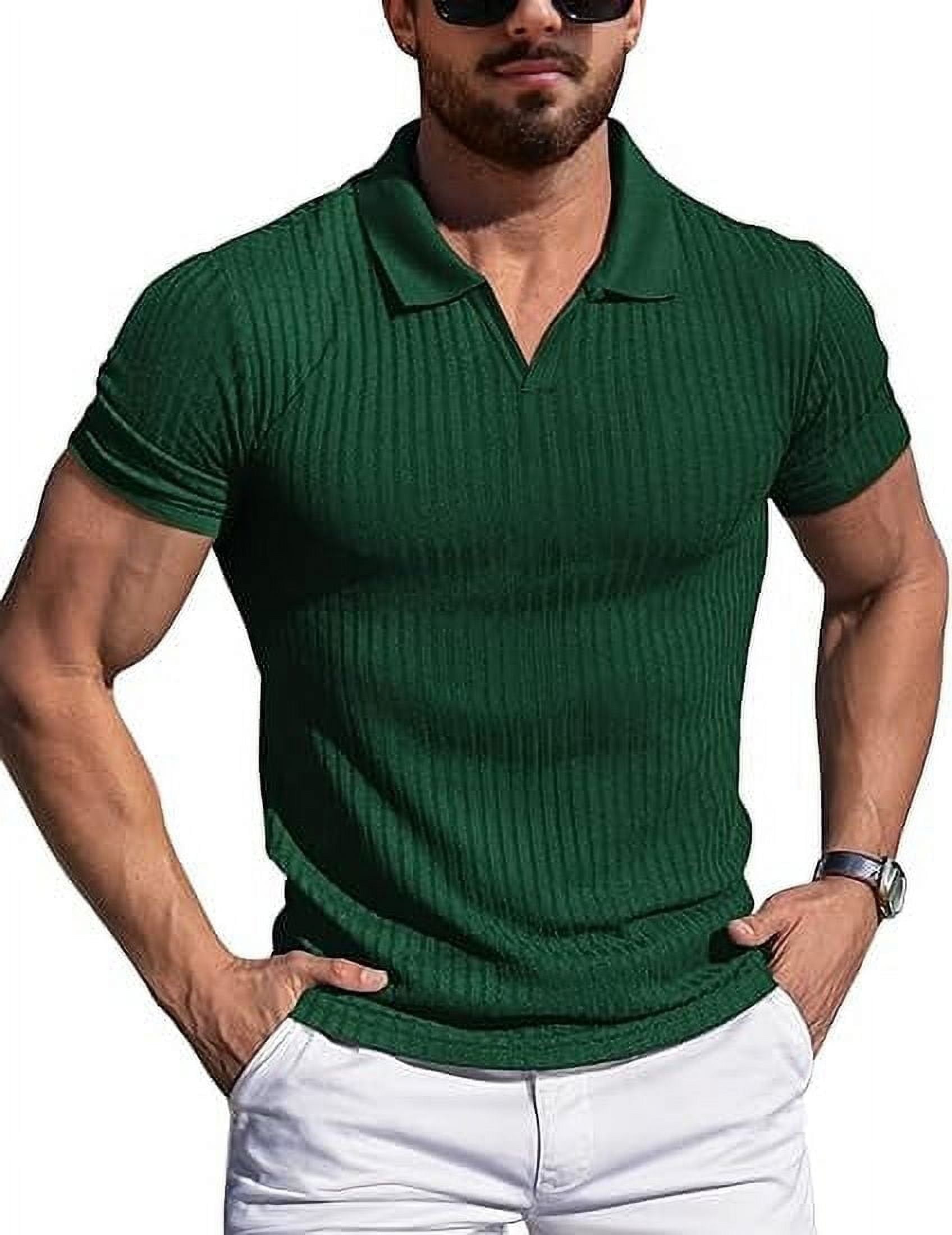 Aiyino Men's Muscle Stretch V Neck Polo Shirts Slim Fit Short Long Sleeve Golf T-Shirts Ribbed ...