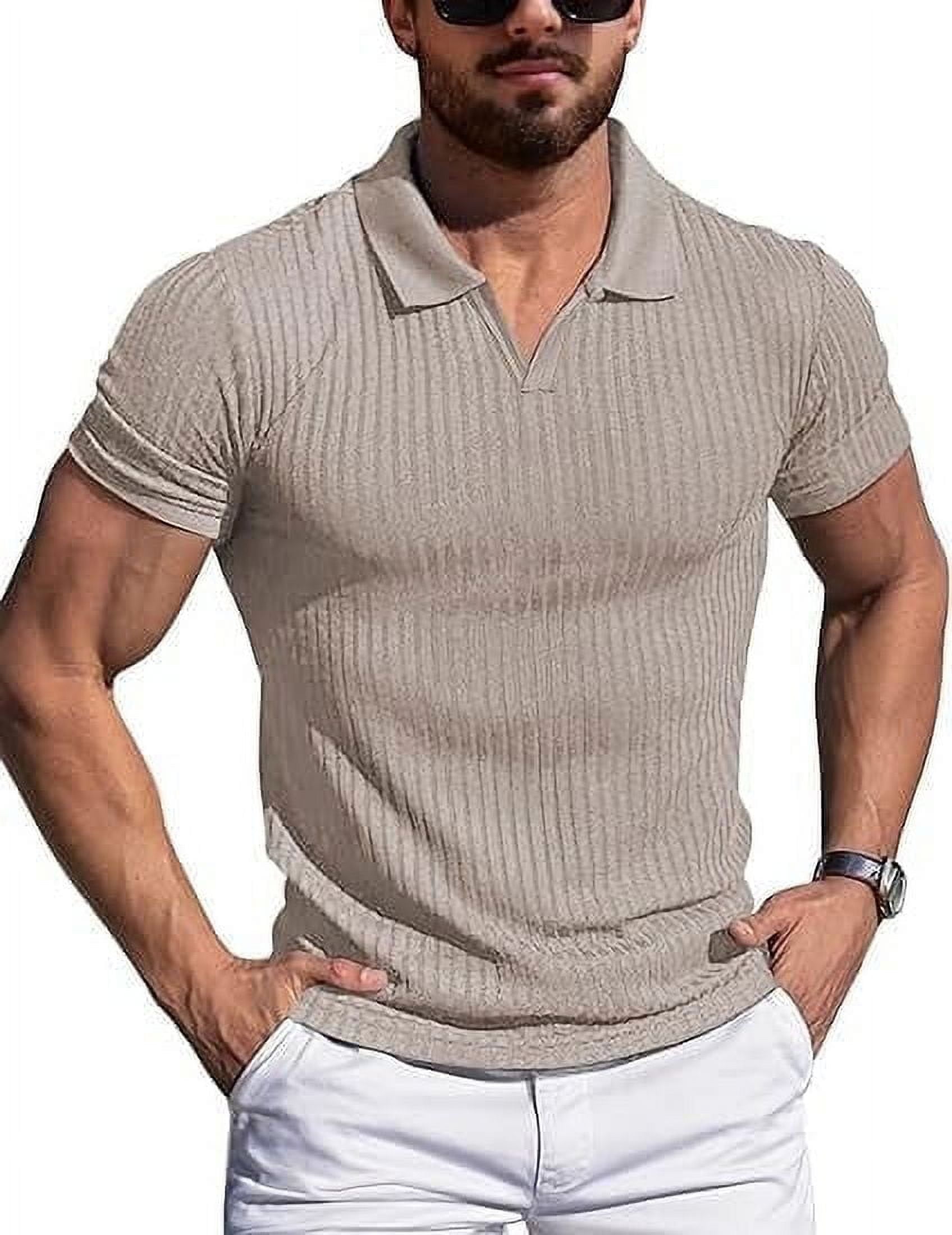 Aiyino Men's Muscle Stretch V Neck Polo Shirts Slim Fit Short Long Sleeve Golf T-Shirts Ribbed ...