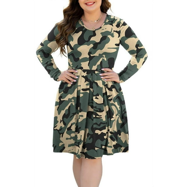 Aiyino Plus Size Dresses for Curvy Women Long Sleeve Casual Pleated ...