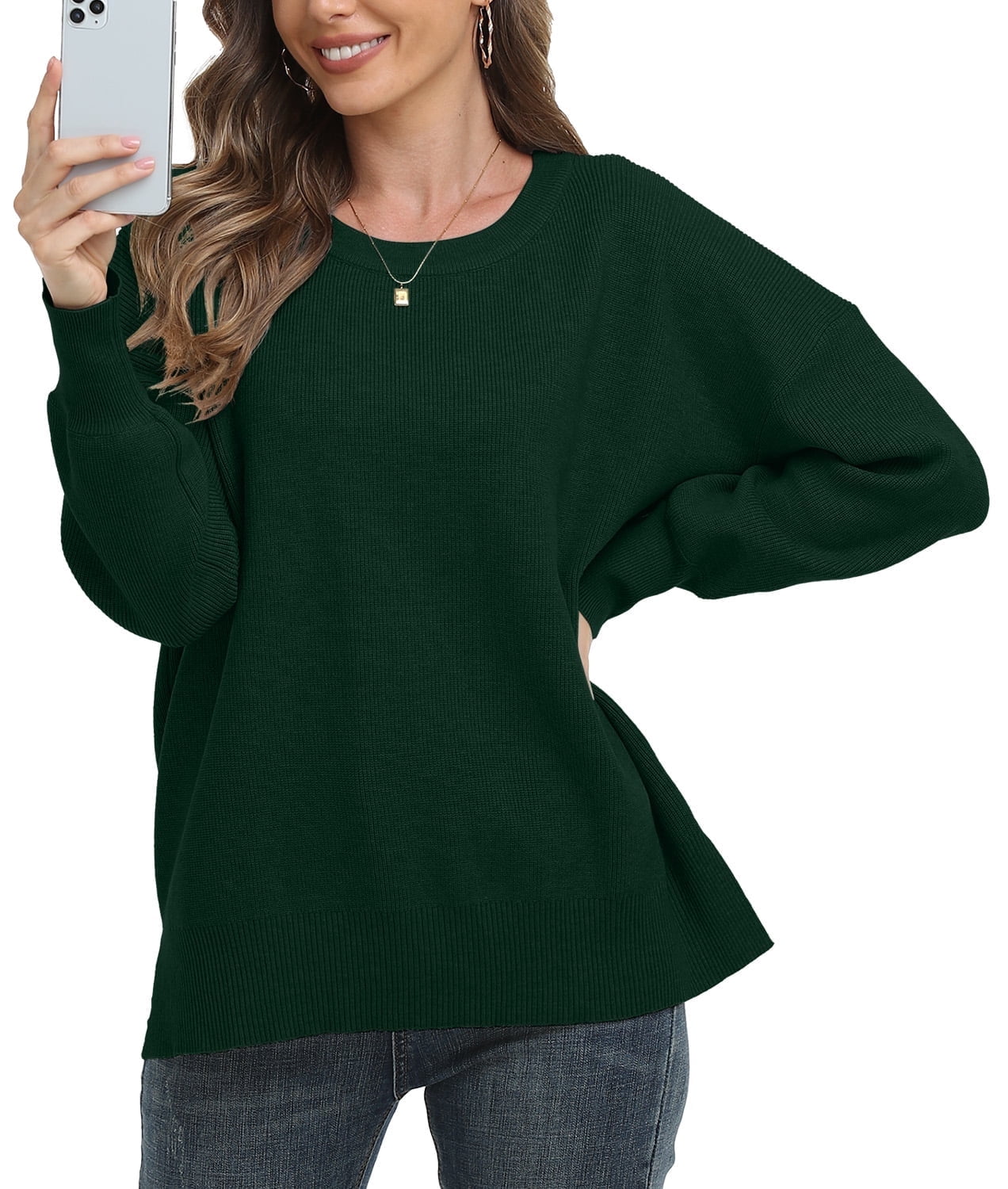 Aiyino Women Crewneck Batwing Sleeve Oversized Side Slit Ribbed Knit ...