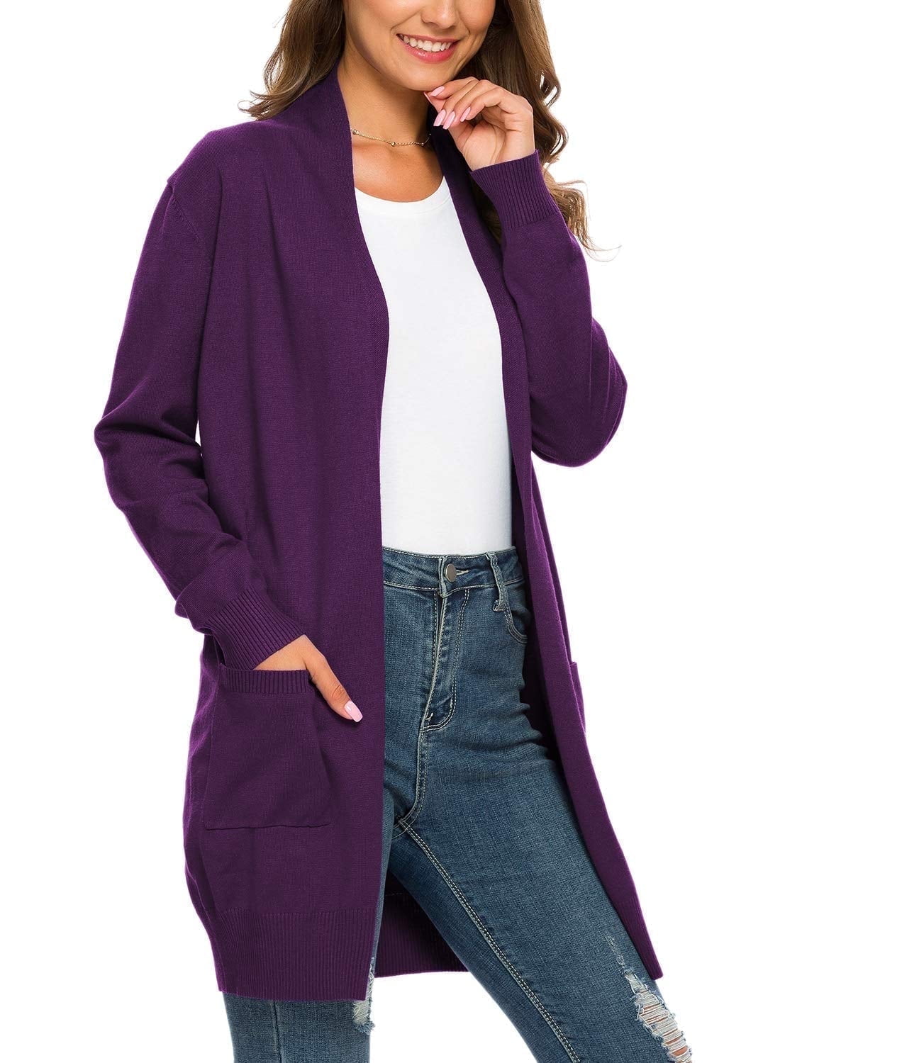 Aiyino Women Solid Sweater Open Front Long Sleeve Knit Cardigan Casual ...