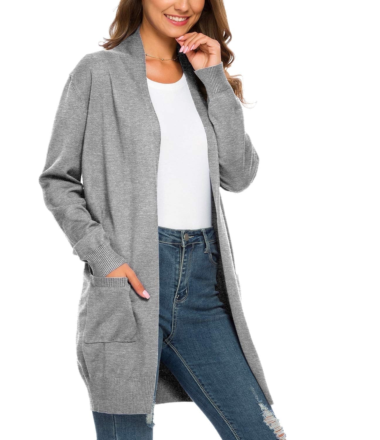 Aiyino Women Solid Sweater Open Front Long Sleeve Knit Cardigan Casual ...