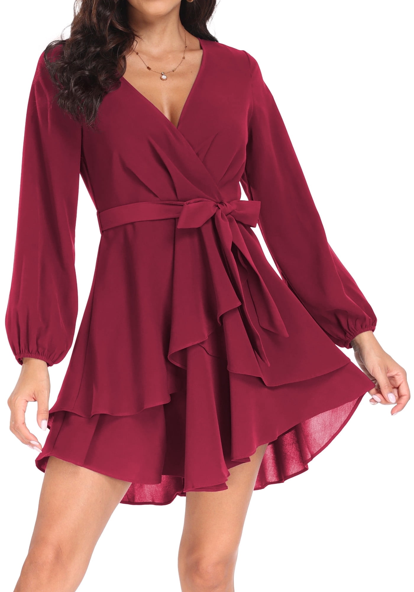 Aiyino Women's Deep V-Neck Dress, Long Sleeve, Waist Tie, Ruffle Hem ...