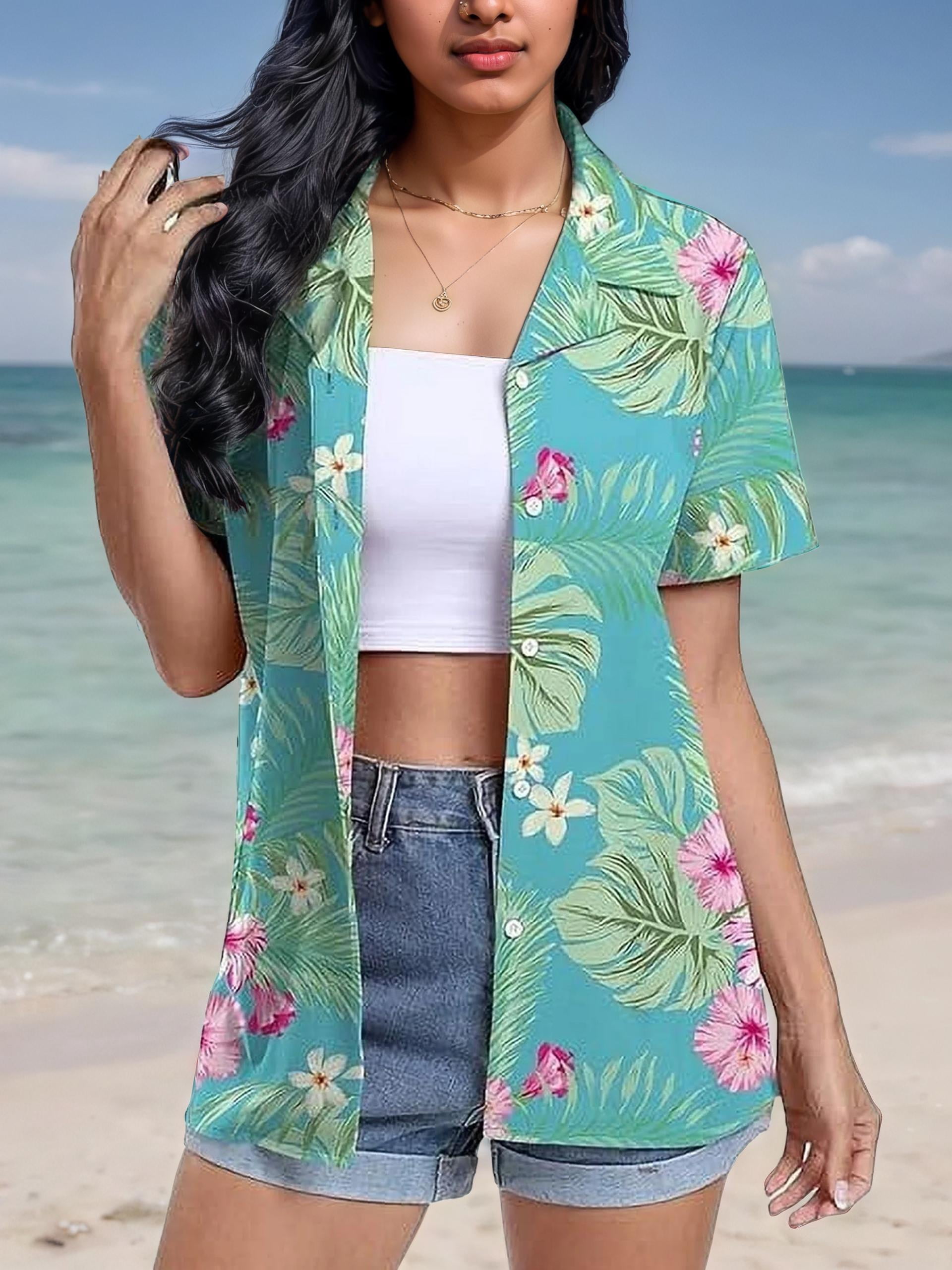 Aiyino Women's Hawaiian Floral Shirts Short Sleeve Button Down Shirts ...