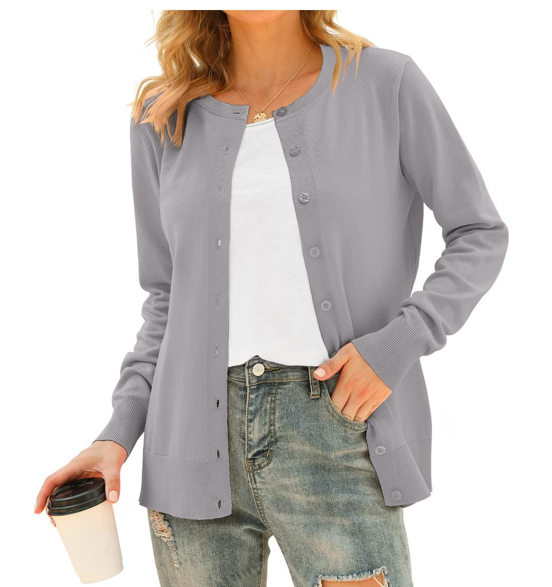 Aiyino Women's Long Sleeve Button Down Crew Neck Classic Sweater Knit ...