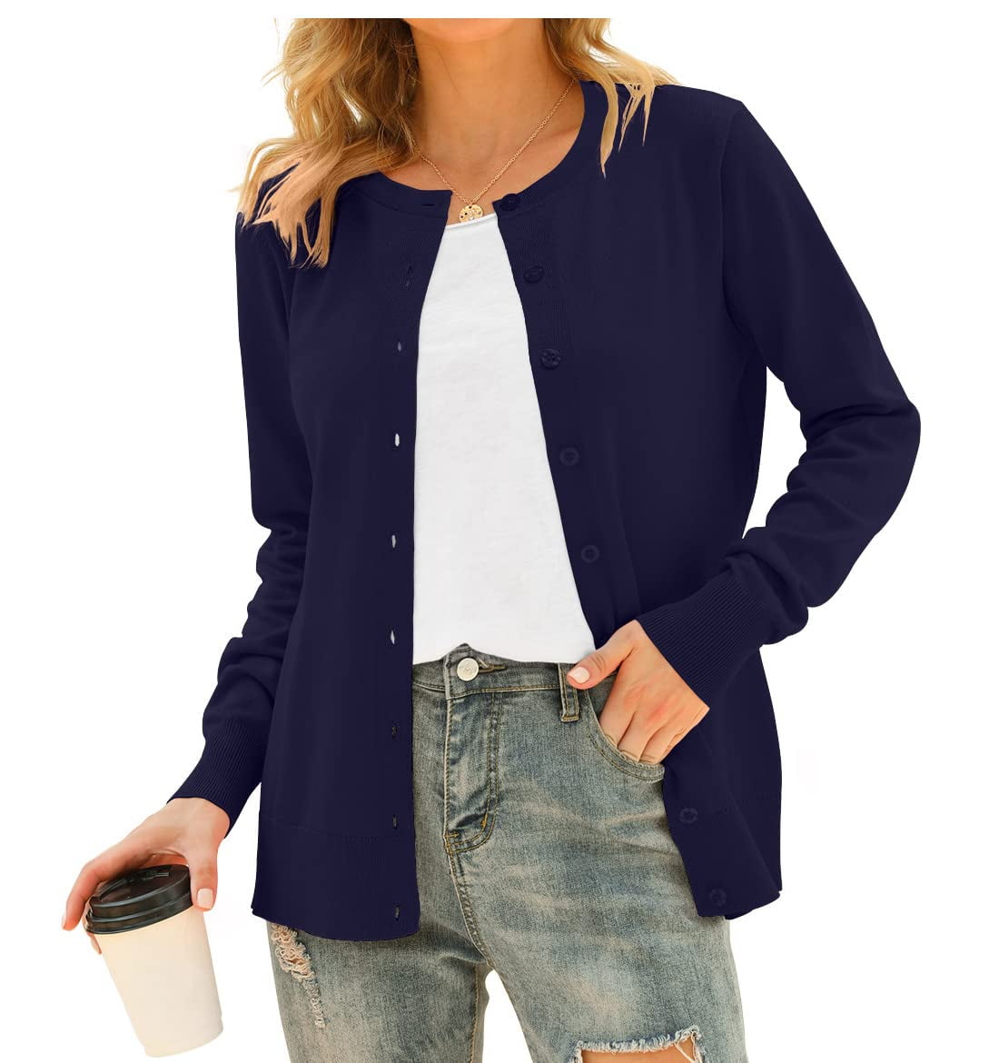 Aiyino Womens Long Sleeve Button Down Crew Neck Classic Sweater Knit