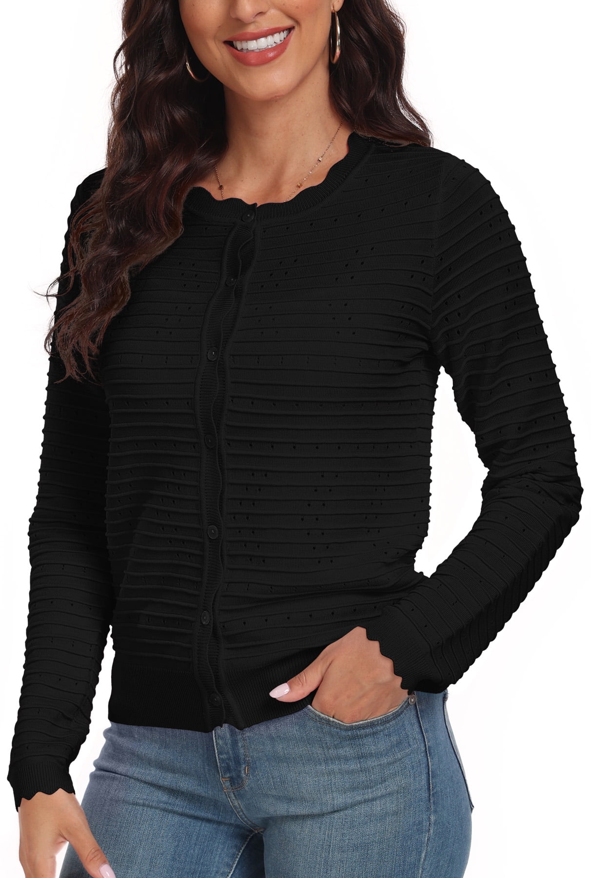 Aiyino Women's Long Sleeve Knit Cardigan Sweater Basic Crew Neck Button ...