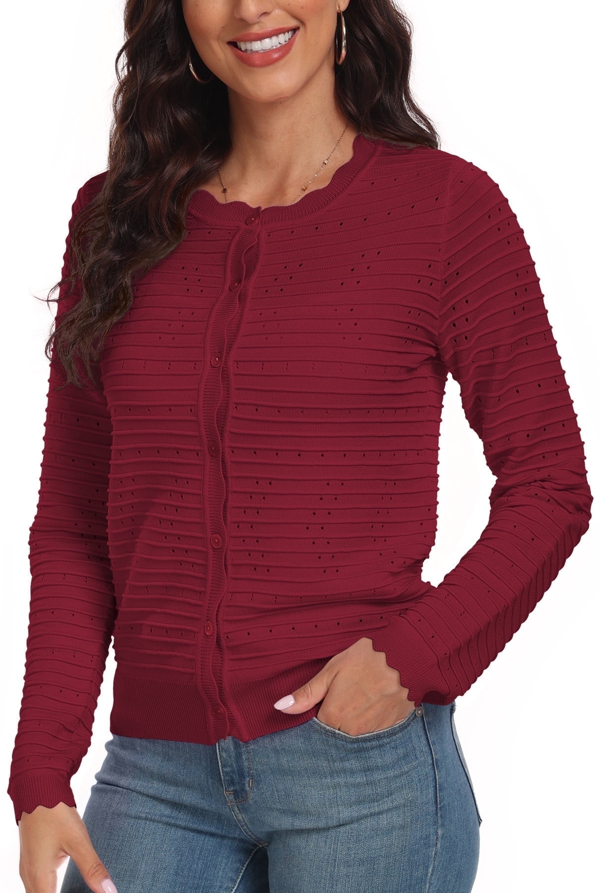 Aiyino Women's Long Sleeve Knit Cardigan Sweater Basic Crew Neck Button ...
