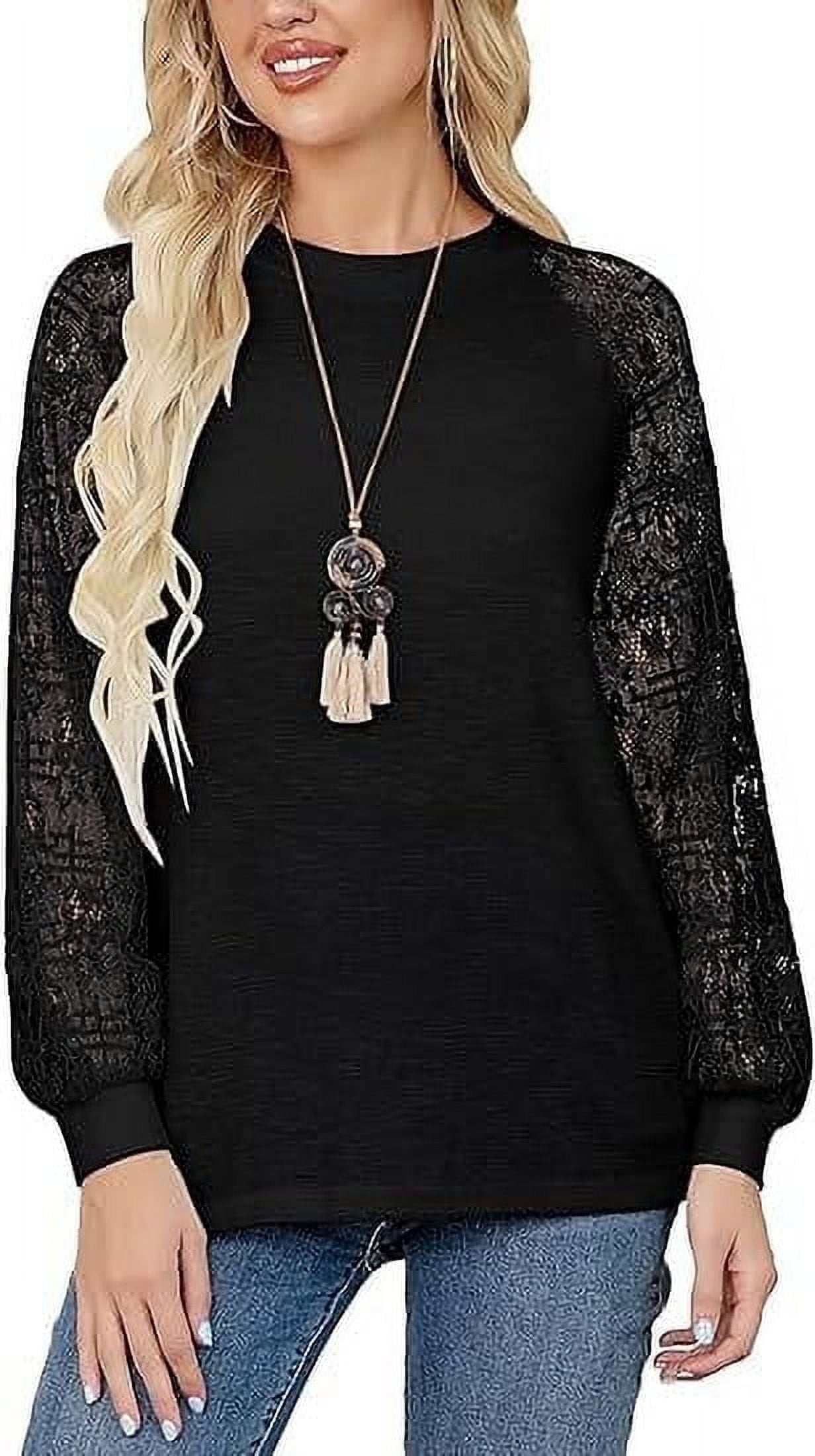 Aiyino Women's Long Sleeve Round Neck Tops Lace Casual Waffle Tee Loose ...