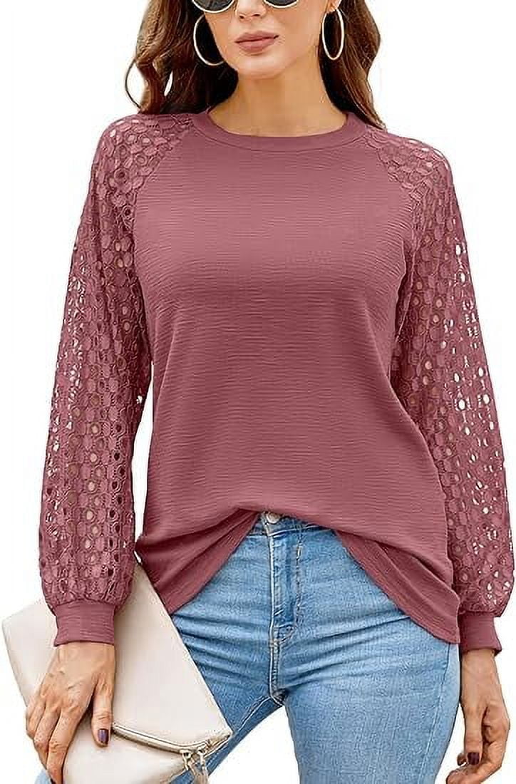 Aiyino Women’s Long Sleeve Round Neck Tops Lace Casual Loose Blouses T ...