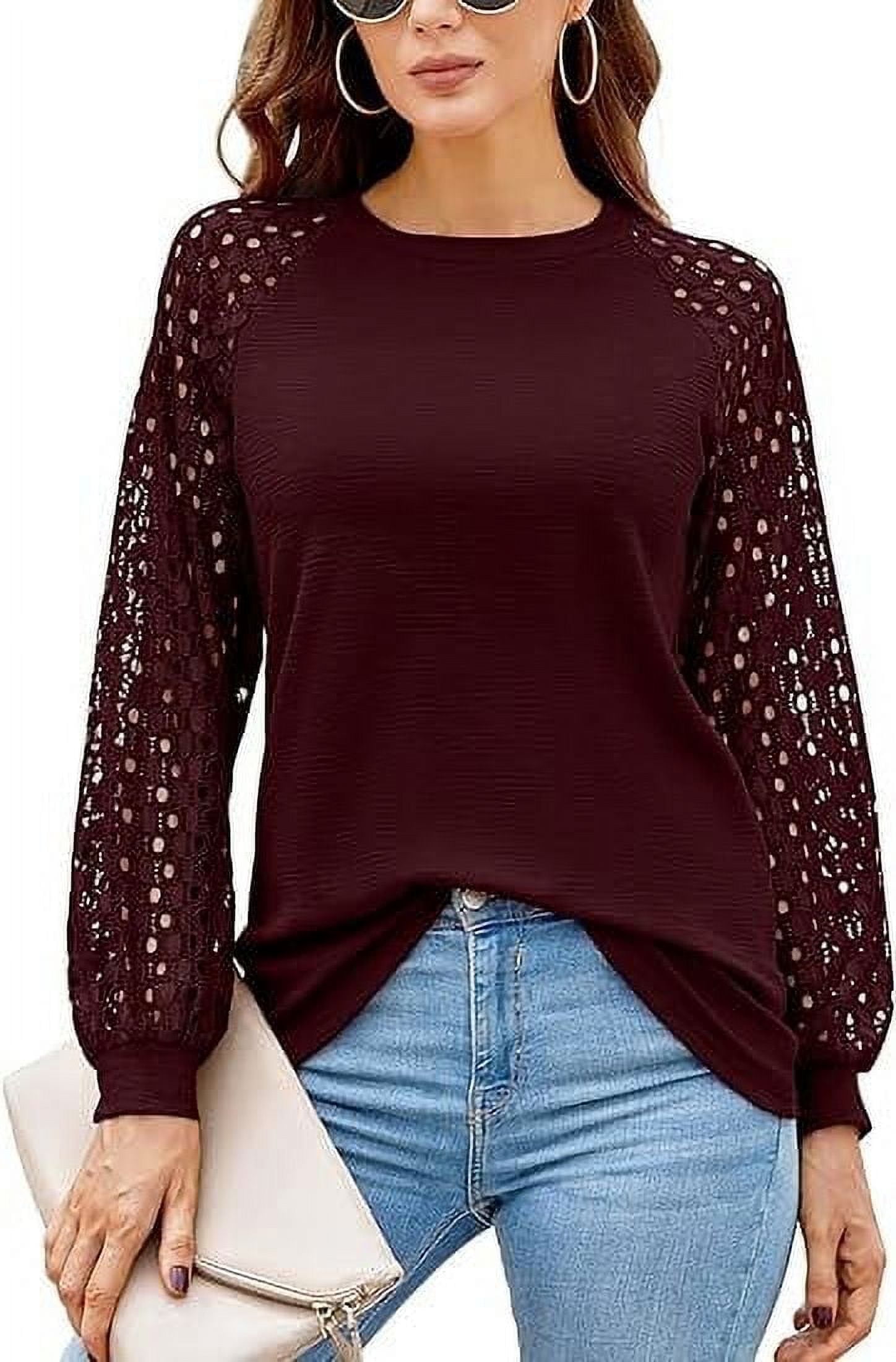 Aiyino Women's Long Sleeve Round Neck Tops Lace Casual Waffle Tee Loose ...