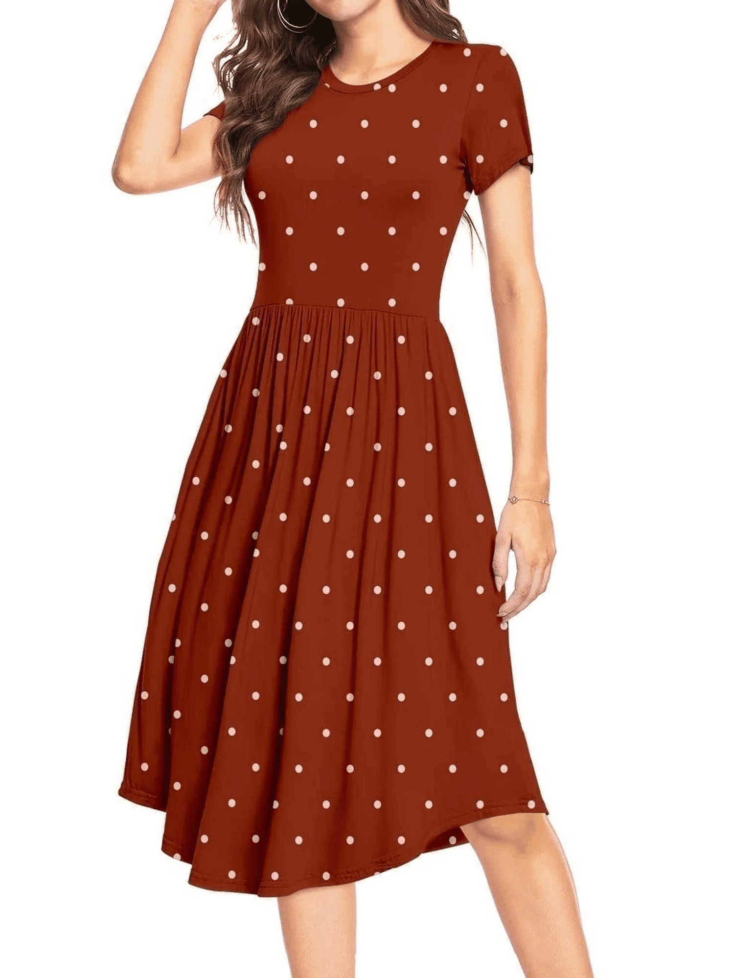 Aiyino Women's Blue Polka Dot Midi Dress, Short Sleeve, Pleated, Loose ...