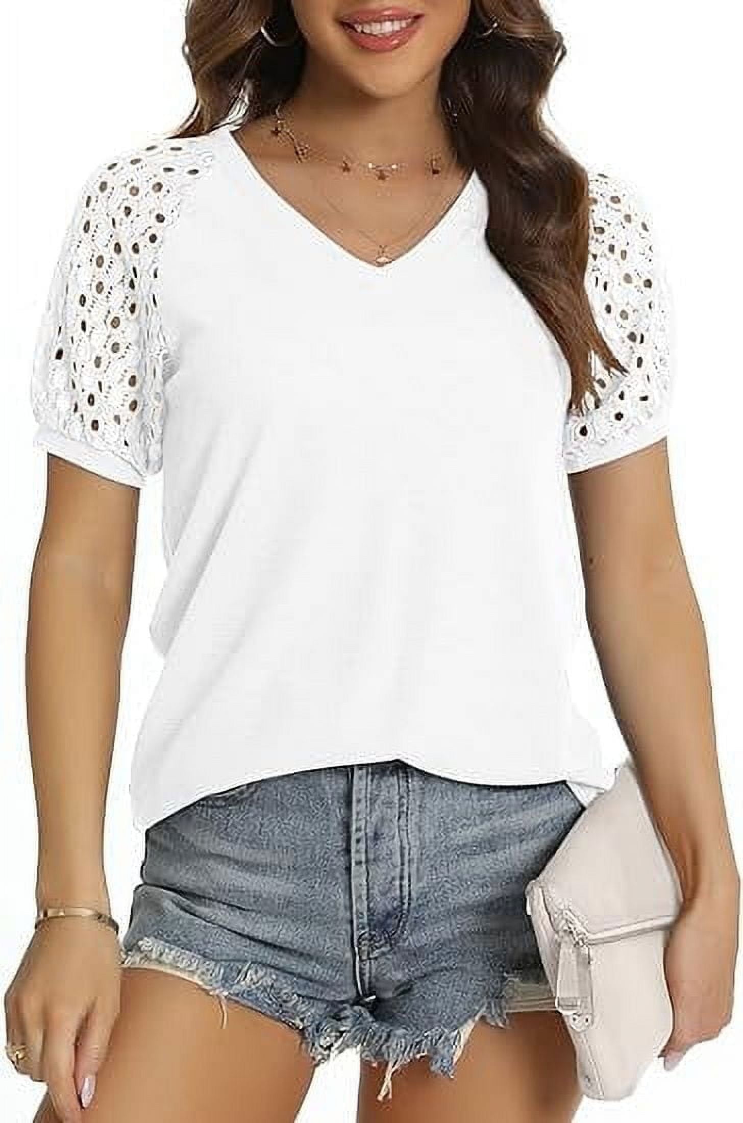 Aiyino Women’s Short Sleeve Round Neck Tops Lace Casual Loose Blouses T ...