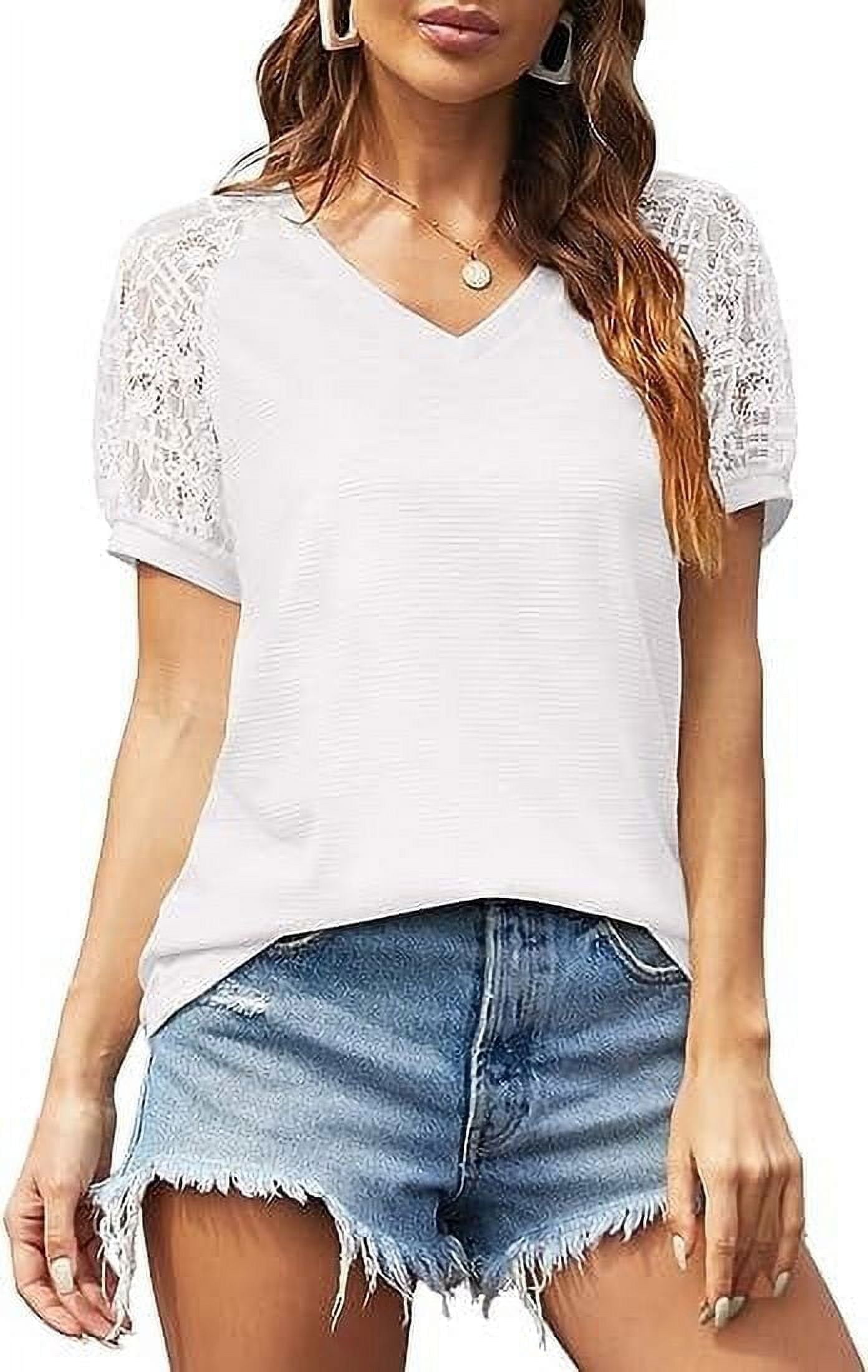 Aiyino Women’s Short Sleeve Round Neck Tops Lace Casual Loose Blouses T ...
