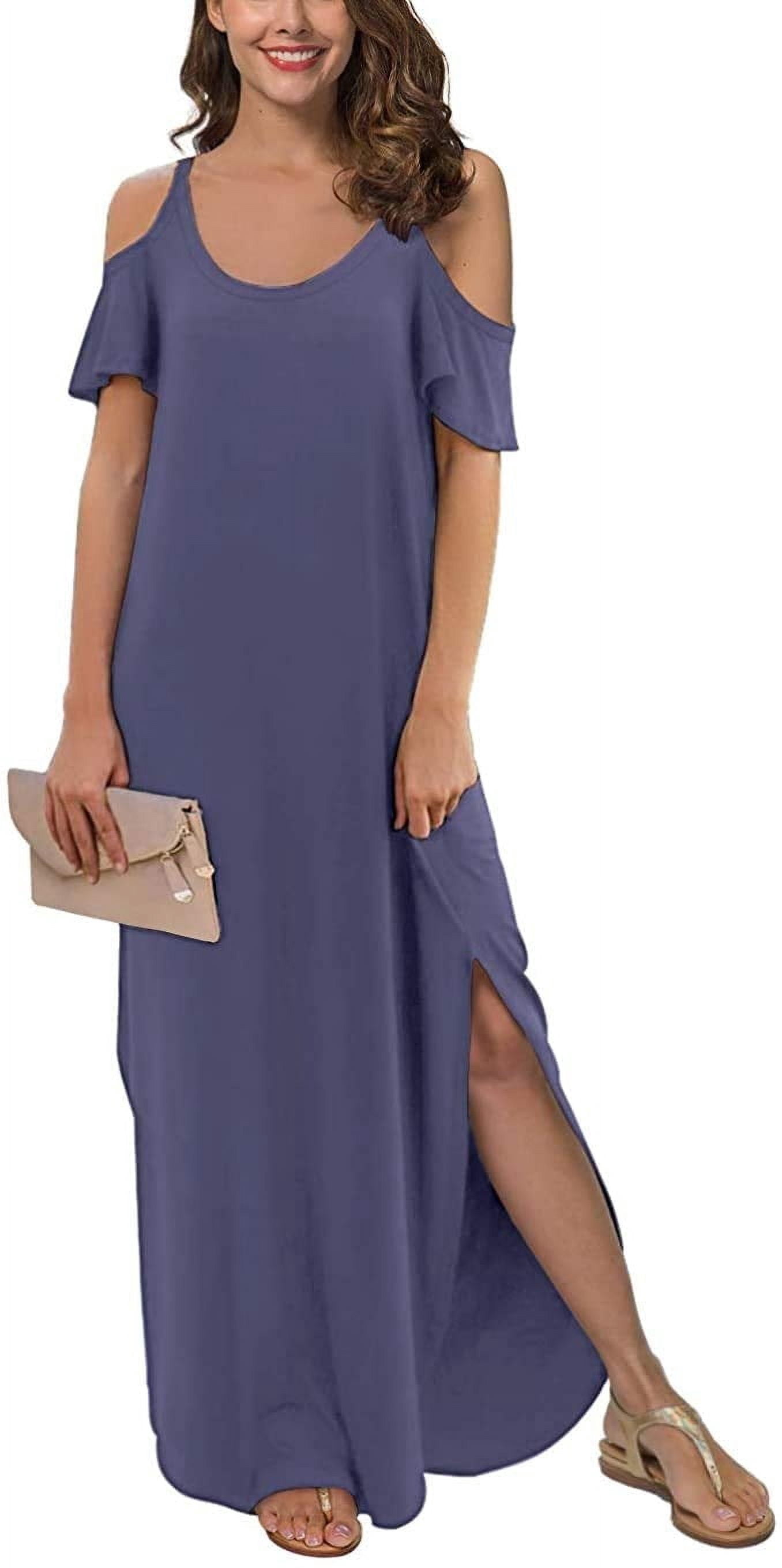 Aiyino Women's Summer Casual Loose Long Dress Cold Shoulder Short ...
