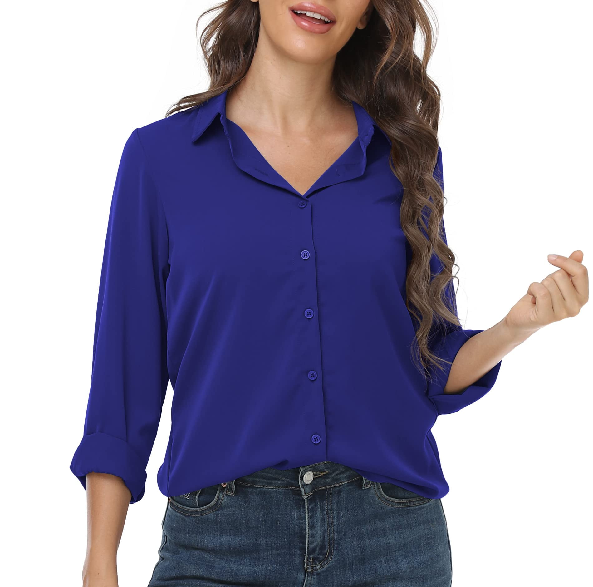 Aiyino Womens Button Down V Neck Shirts Long Sleeve Office Casual