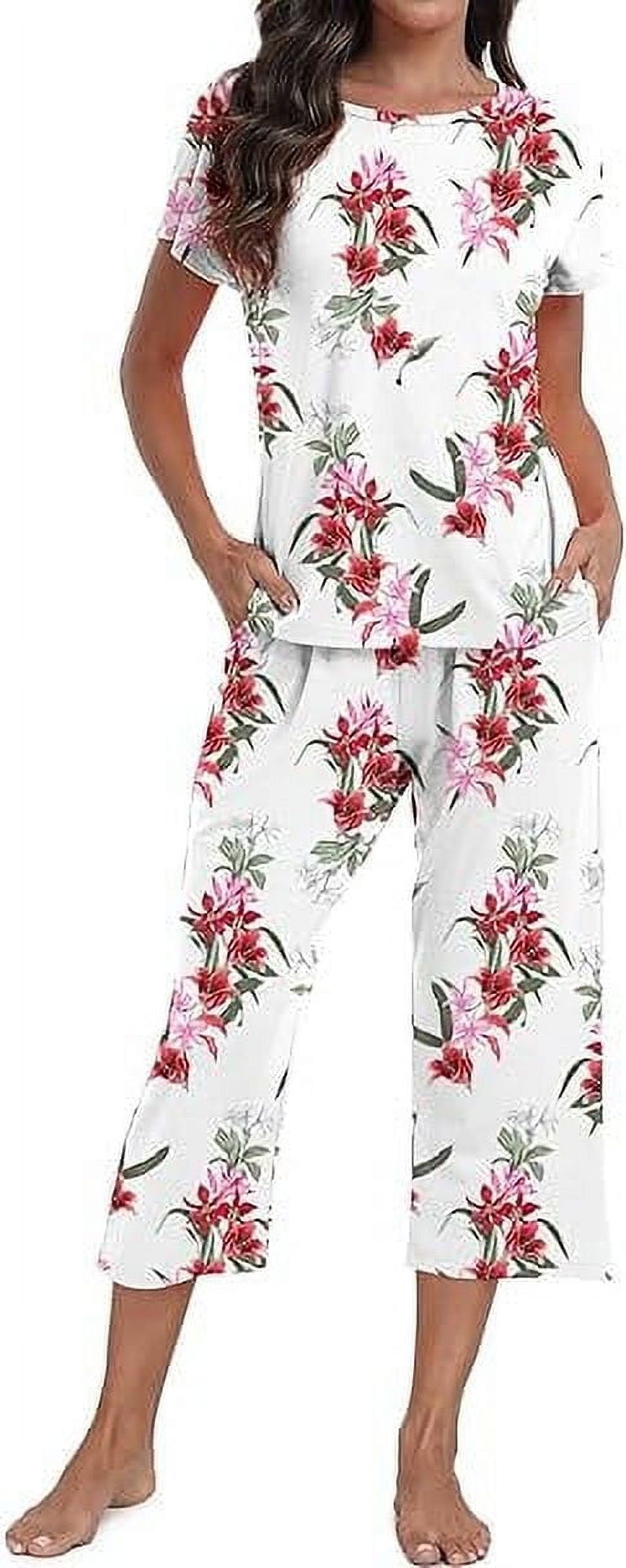 Aiyino Womens Pyjama Sets Floral Print Short Sleeve Round Neck ...