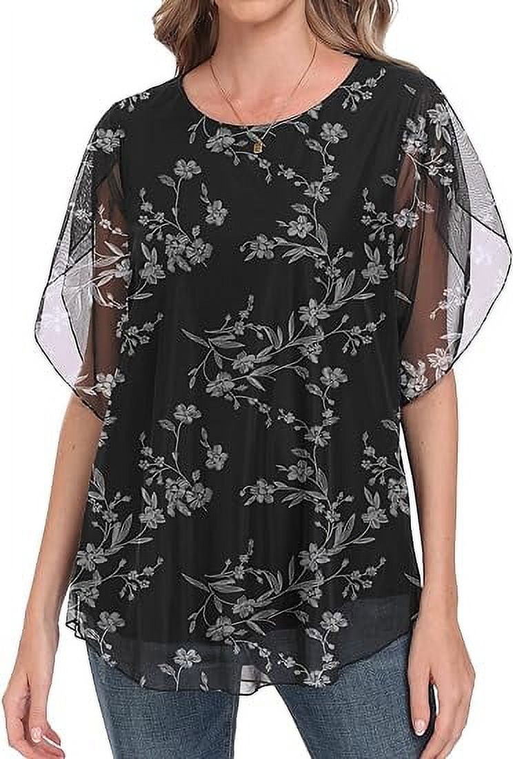 Aiyino Womens Ruffle 3/4 Sleeve Mesh Blouses Loose Flowy Tops Stretchy ...
