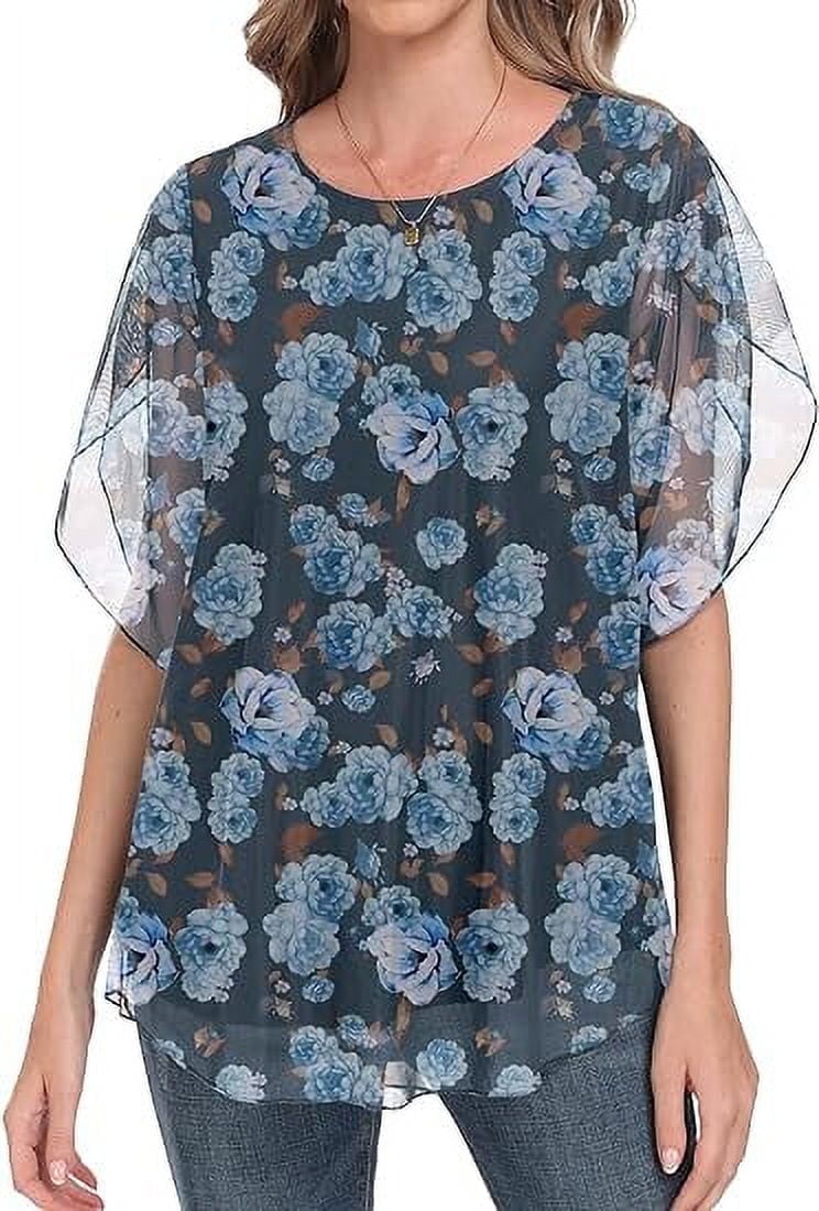 Aiyino Womens Ruffle 3/4 Sleeve Mesh Blouses Loose Flowy Tops Stretchy ...