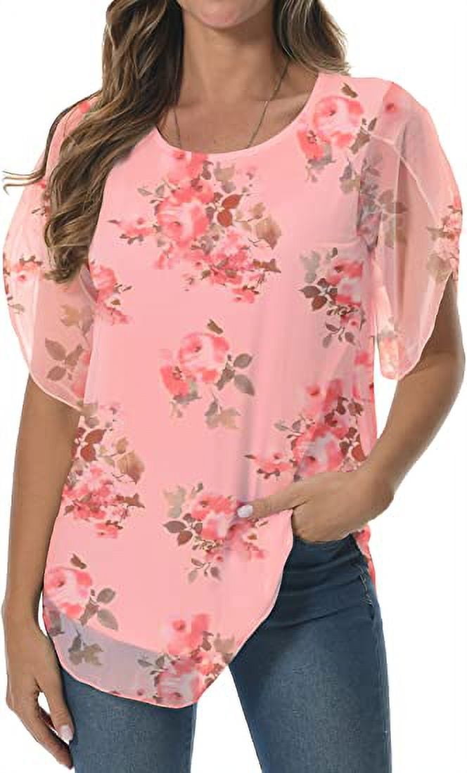 Aiyino Womens Ruffle 3/4 Sleeve Mesh Blouses Loose Flowy Tops Stretchy ...