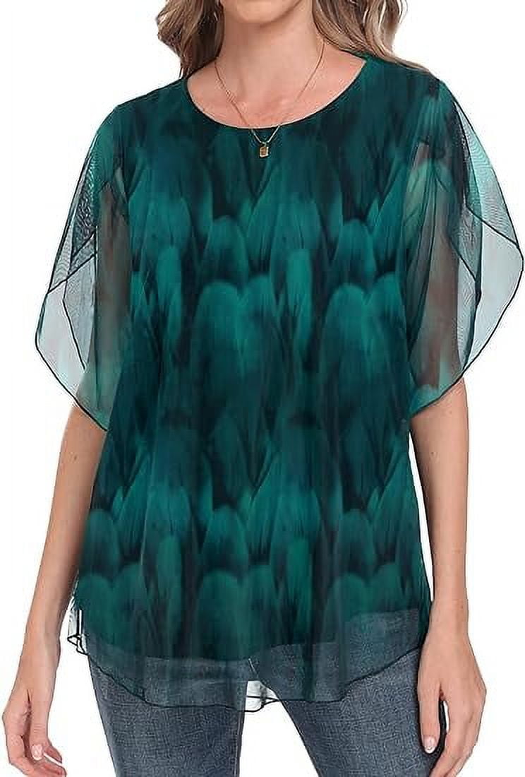 Aiyino Womens Ruffle 3/4 Sleeve Mesh Blouses Loose Flowy Tops Stretchy ...