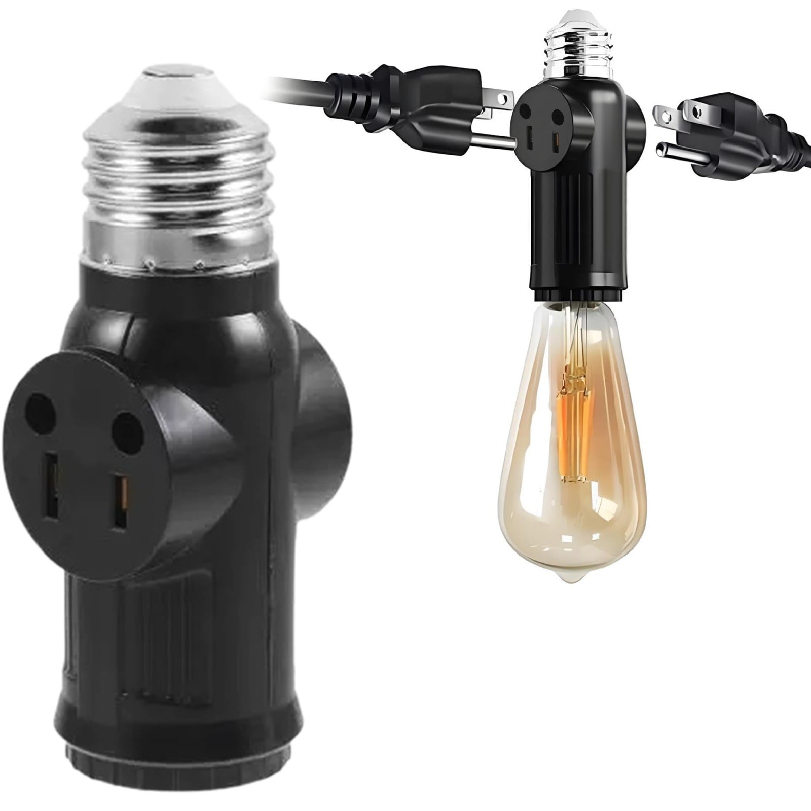 Ajhhao Light Bulb Socket Adapter (Black), 3-in-1 Expansion Socket Multi ...