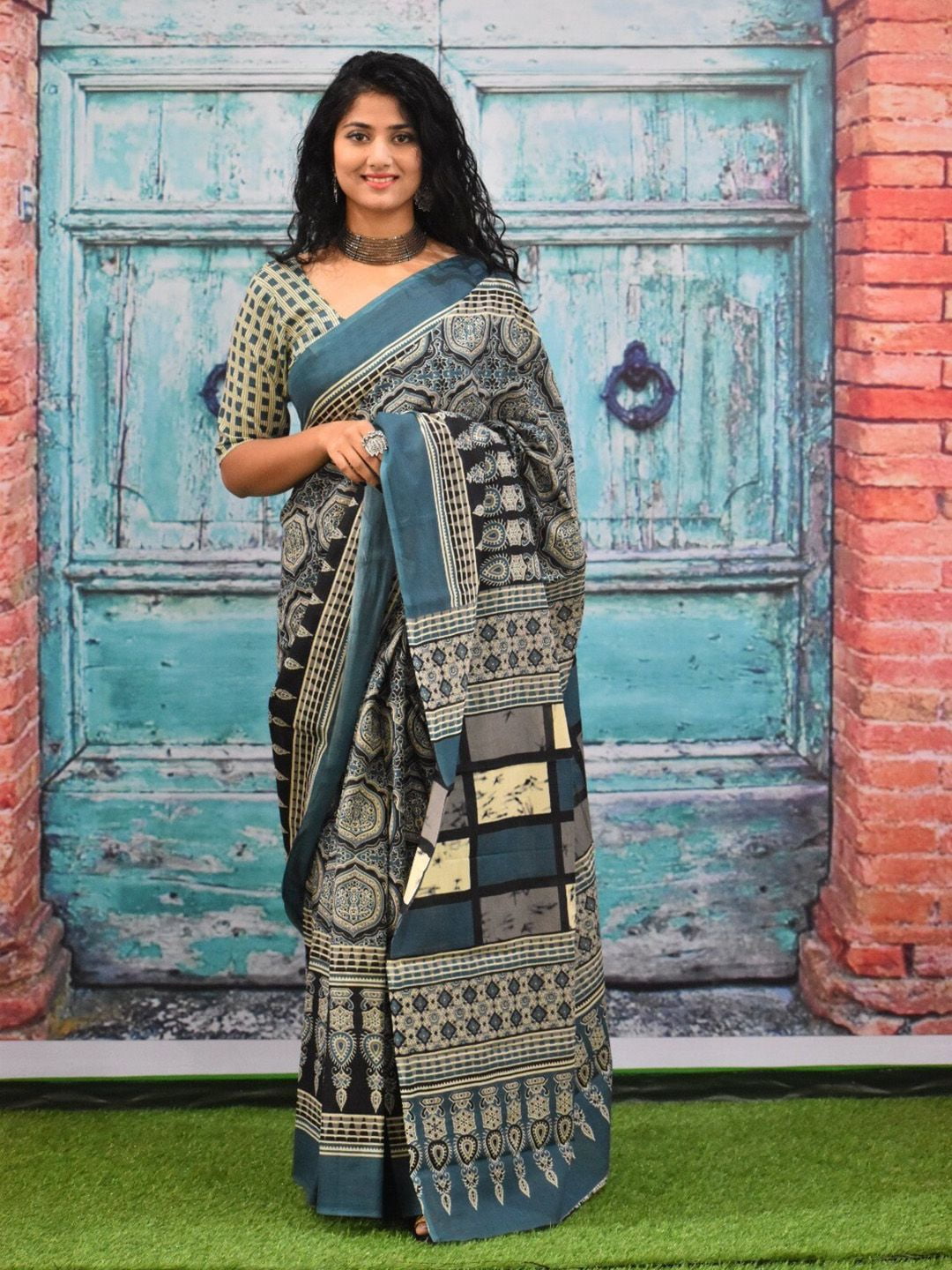 Ajrak Block Pure Cotton Block Print Saree - 28505252 - Walmart.com