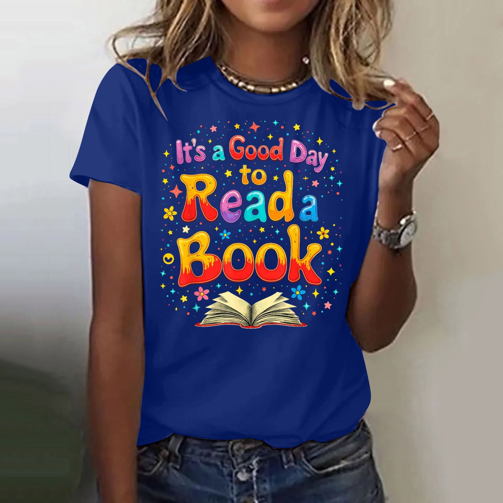 Ajshakl Blue Crew Neck Leisure T Shirts for Women, World Book Day 2025 ...