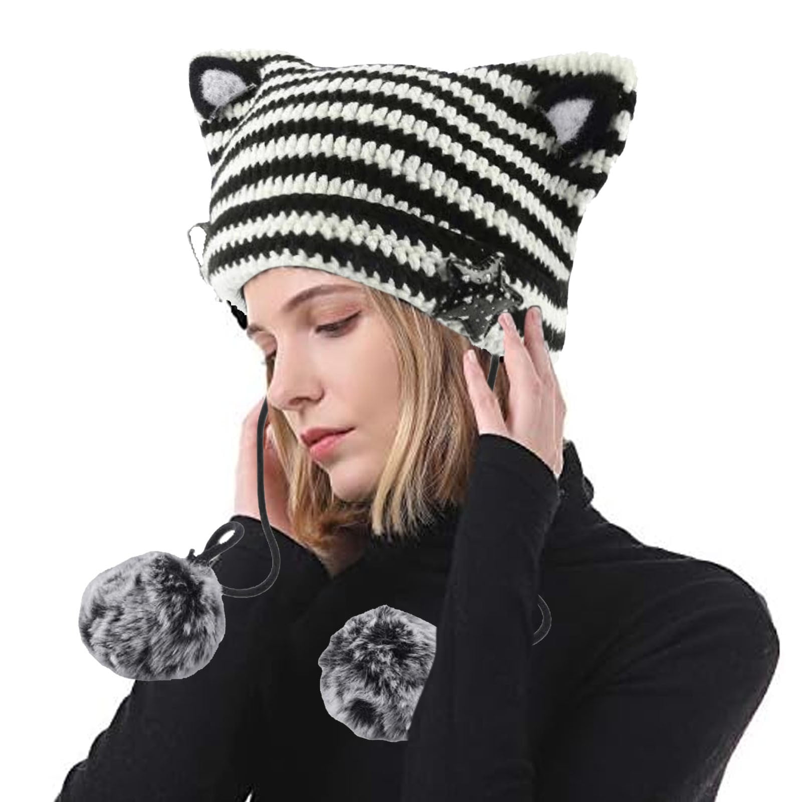 Ajshakl Sun Hats For Women, Women Cat Ear Hat With Pom Poms Star ...