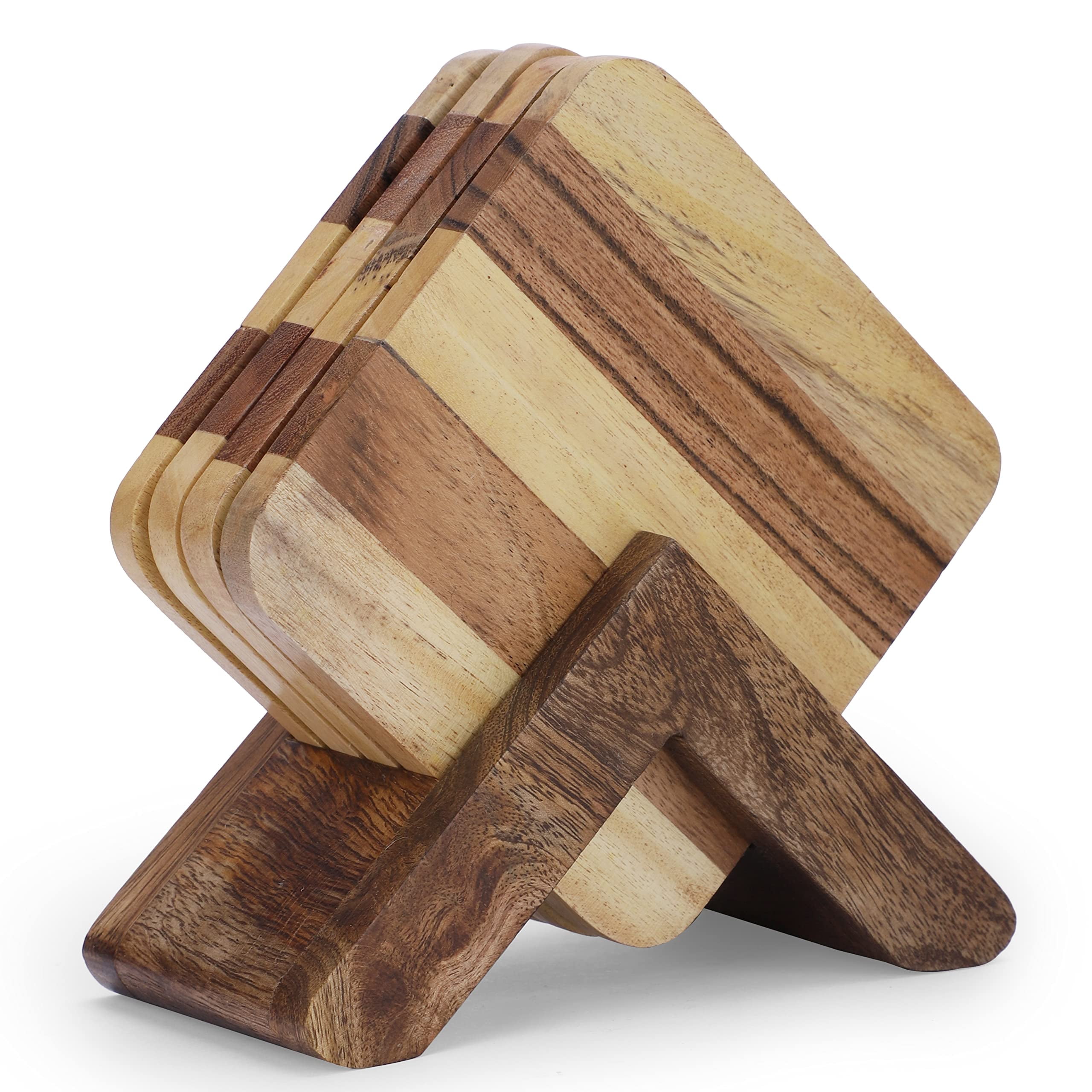 Ajuny Drink Coasters and Holder - Hand Crafted Wooden Square Shaped ...