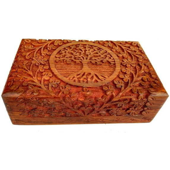 Ajuny Handcarved Wooden Decorative Treasure Chest Box 8 x 5 Inch Brown ...