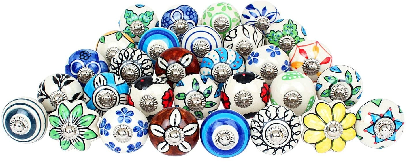 Ajuny Handmade Painted Ceramic Knobs Multicolor for Cupboard Door Drawer and Furniture Pulls ...