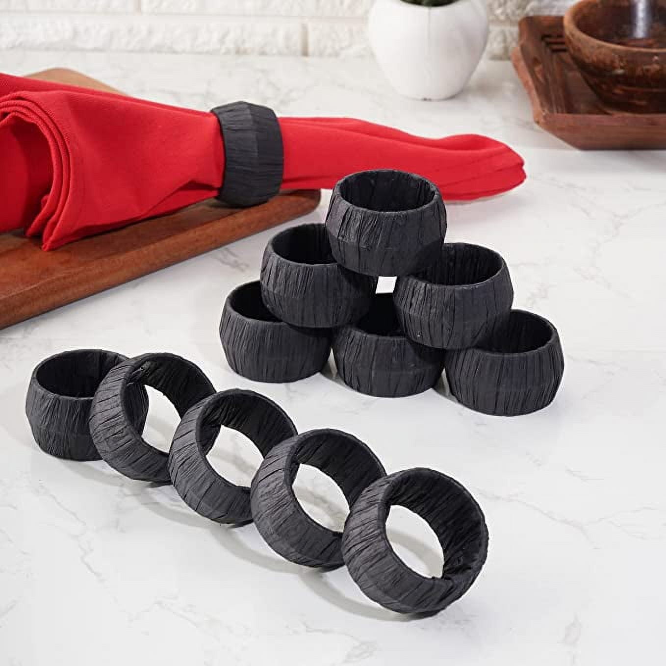 Ajuny Handmade Raffia Rattan Black Napkin Rings Everyday Use Dining ...