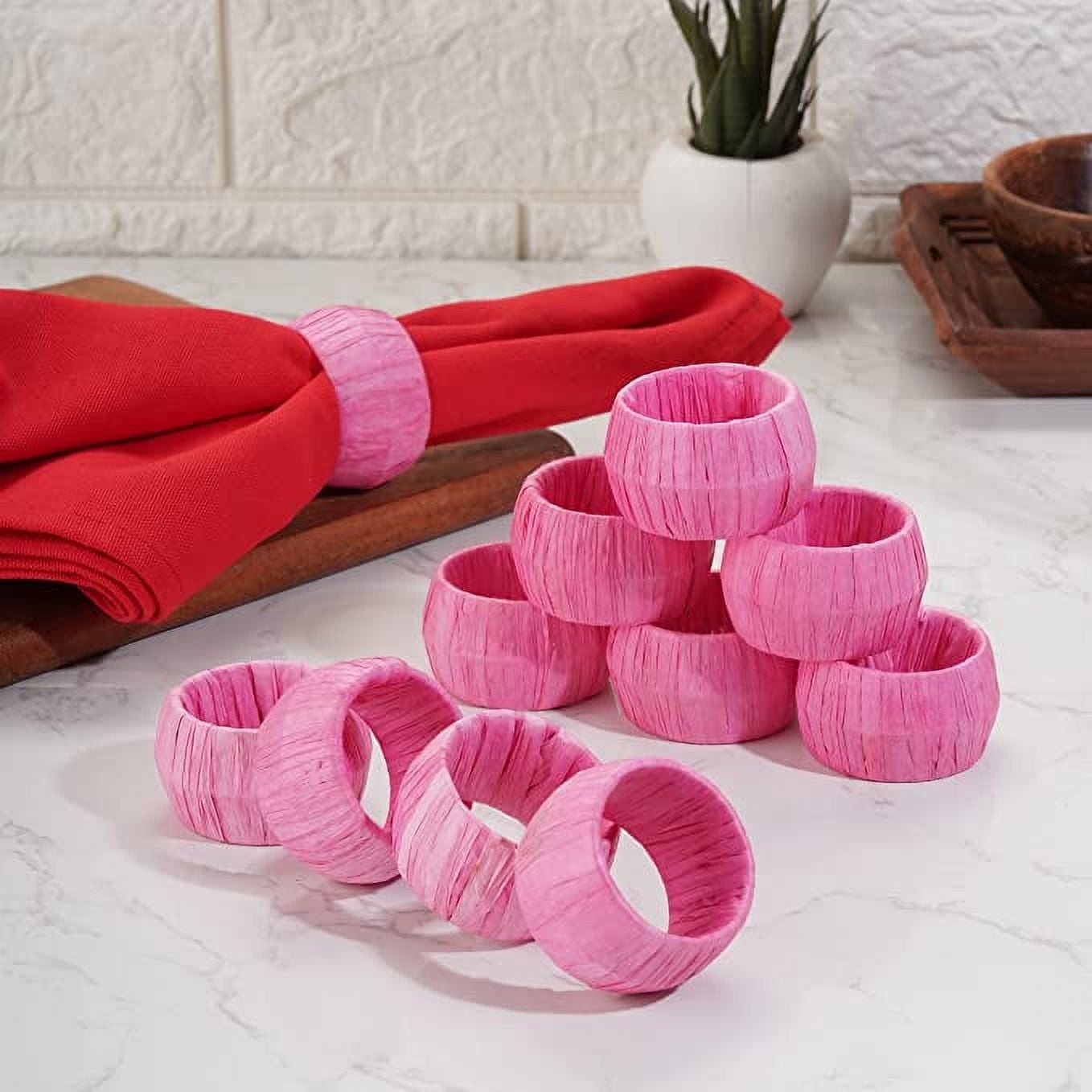 Ajuny Handmade Raffia Rattan Pink Napkin Rings Everyday Use Dining ...
