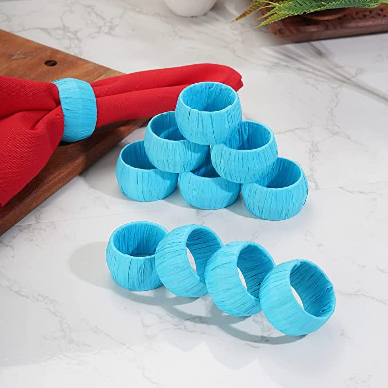 Ajuny Handmade Raffia Rattan Sky Blue Napkin Rings Everyday Use Dining ...