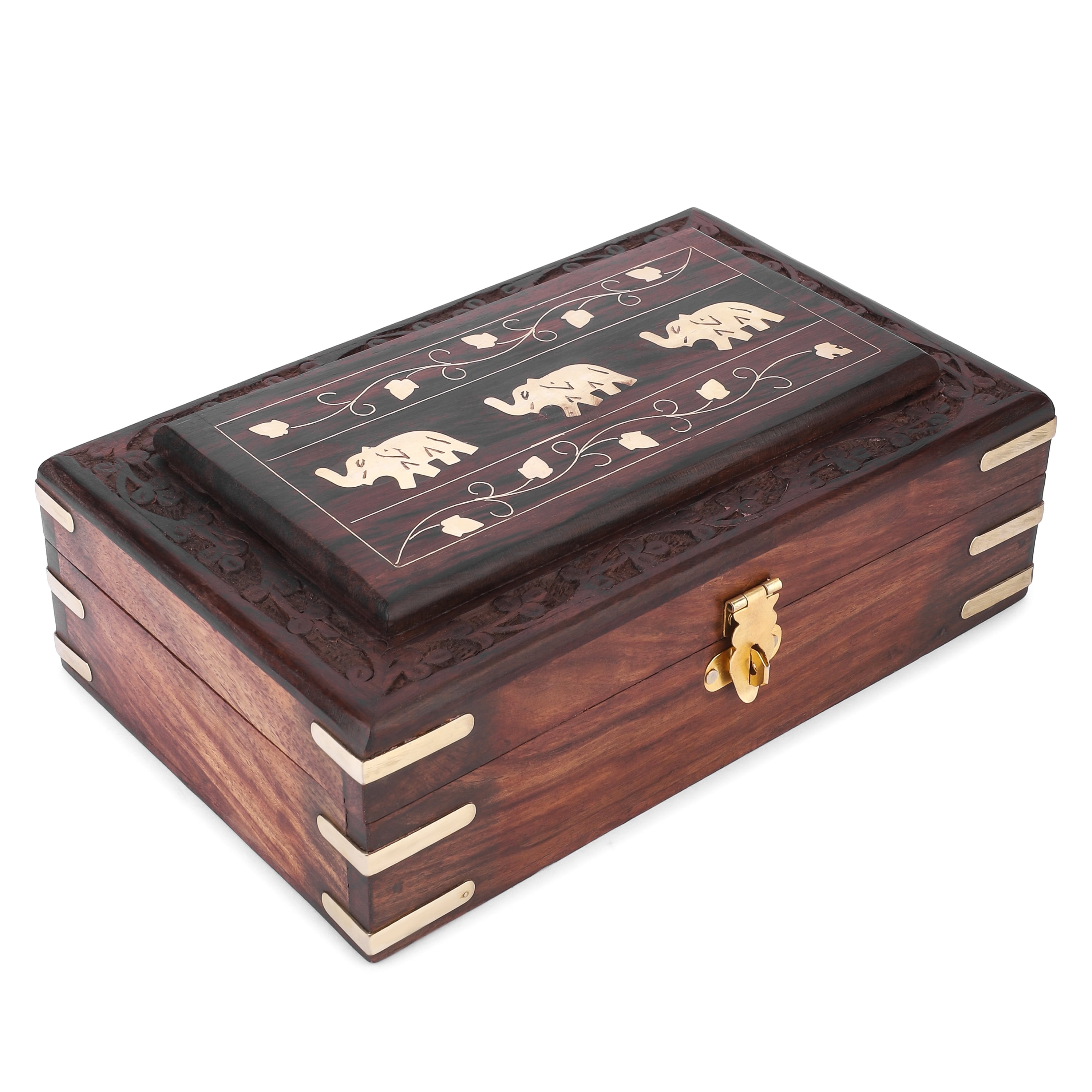 Ajuny Handmade Indian Wooden Jewelry Box with Elephant Carving Brass ...