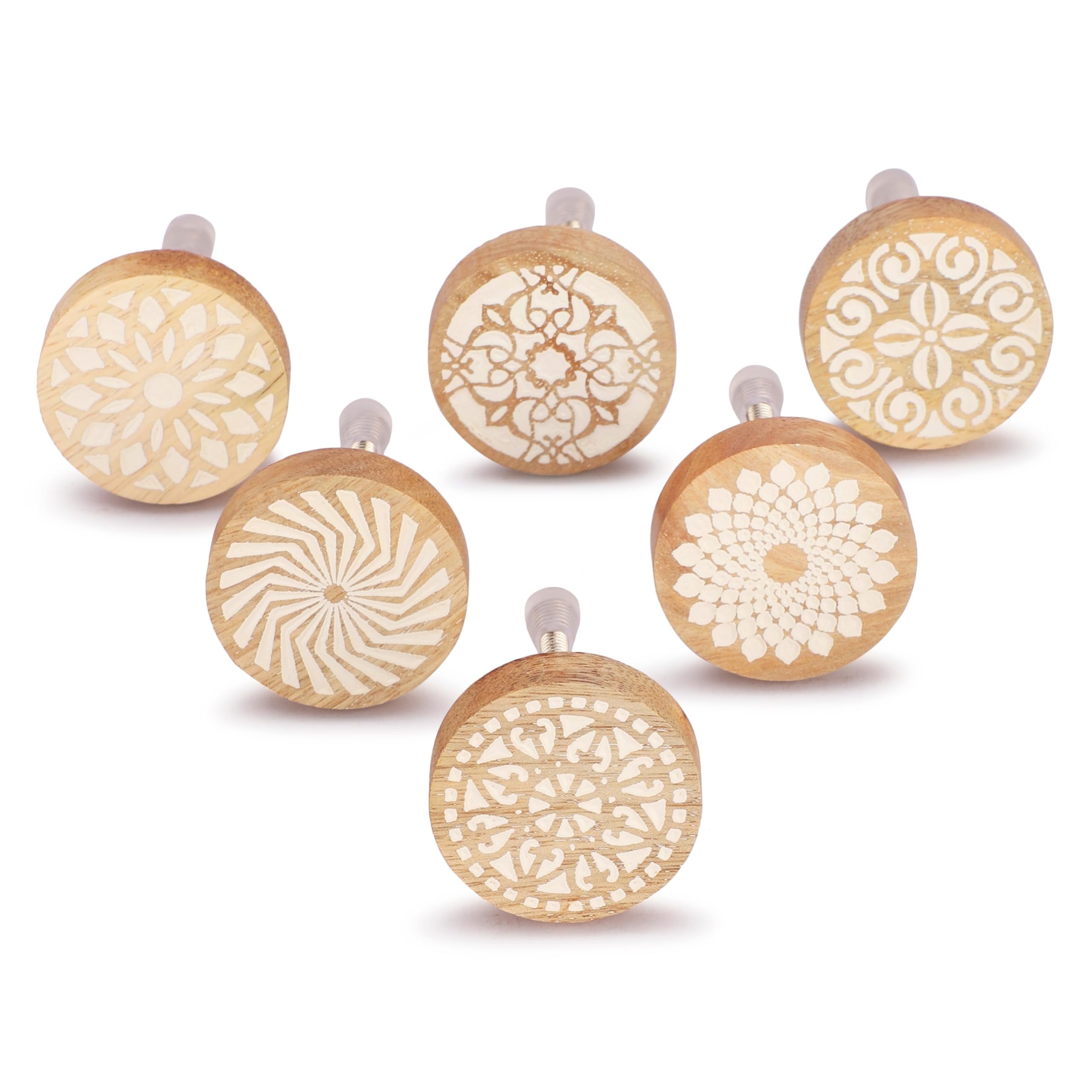 Ajuny Round Wooden Knobs White and Brown Floral Design for Door Handle ...