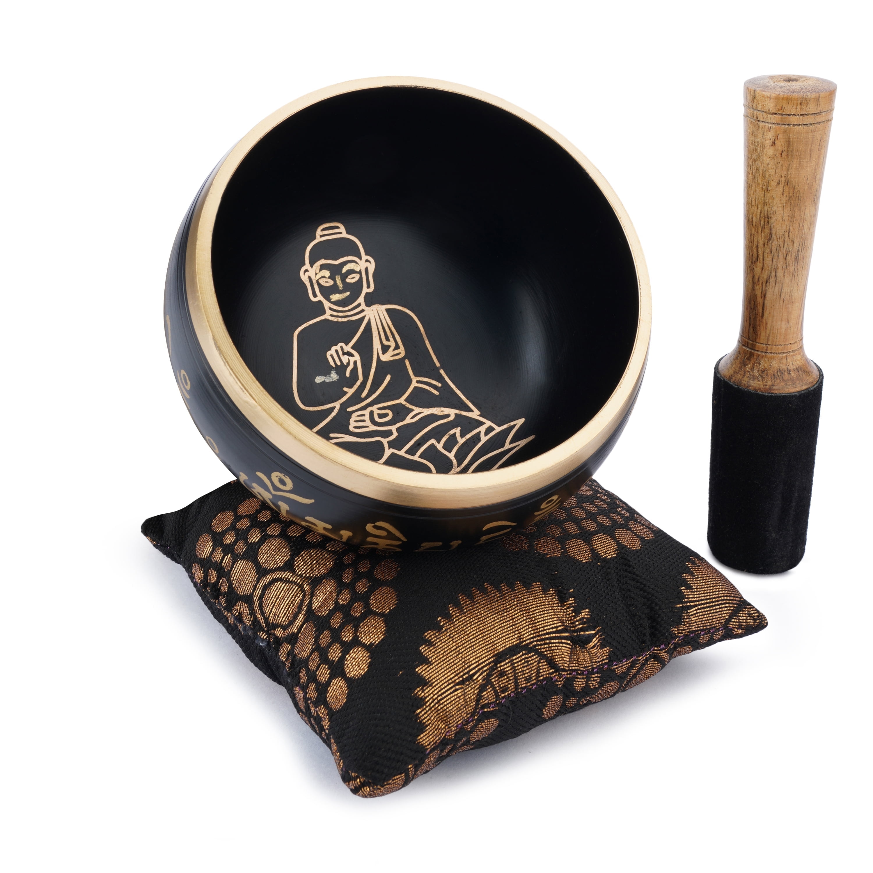 Ajuny Tibetan Buddhist Brass Singing Bowl - Buddha Carved Black OM Bell ...