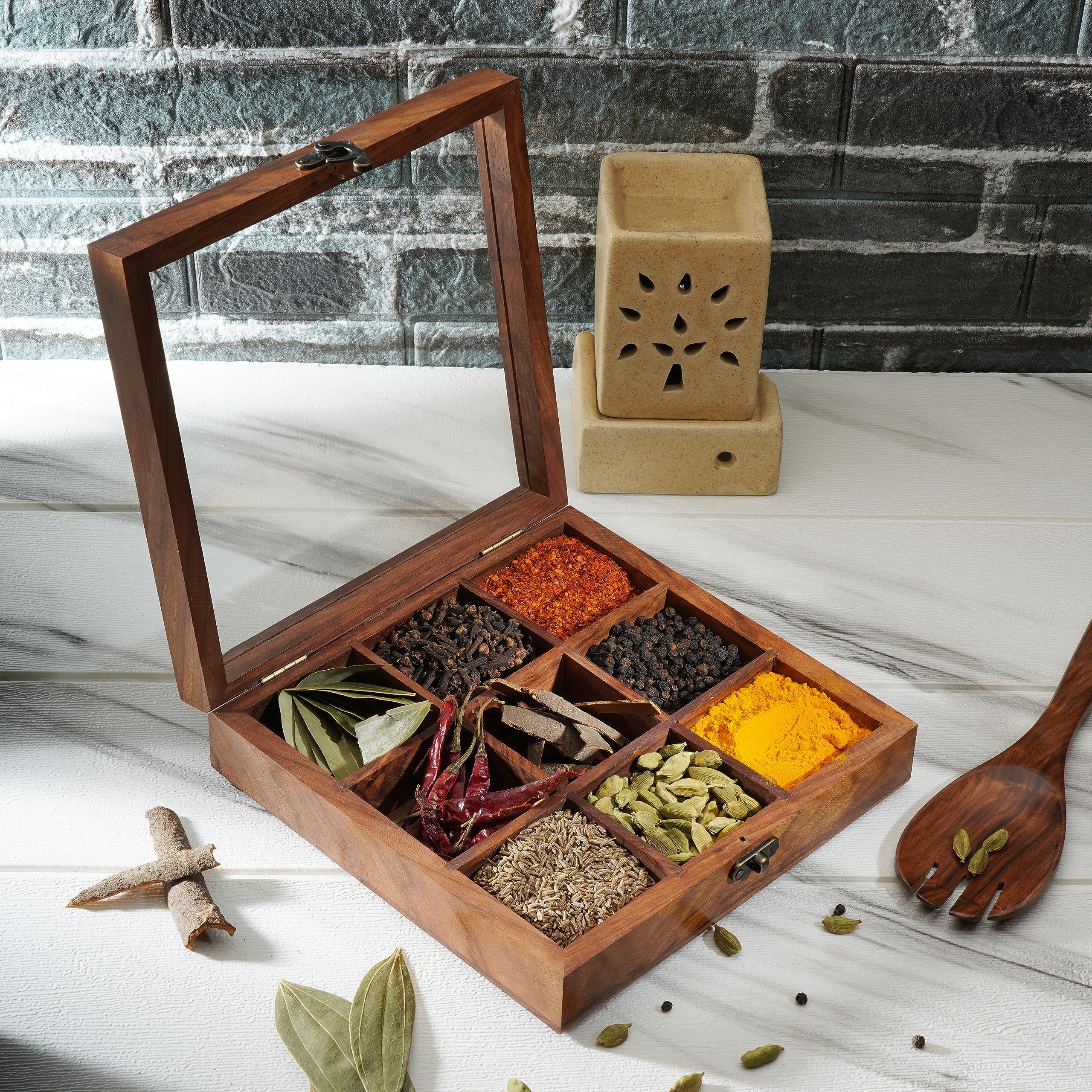 Ajuny Wooden Spice Box 8x8 Inch - Decorative Masala Dabba Organizer ...