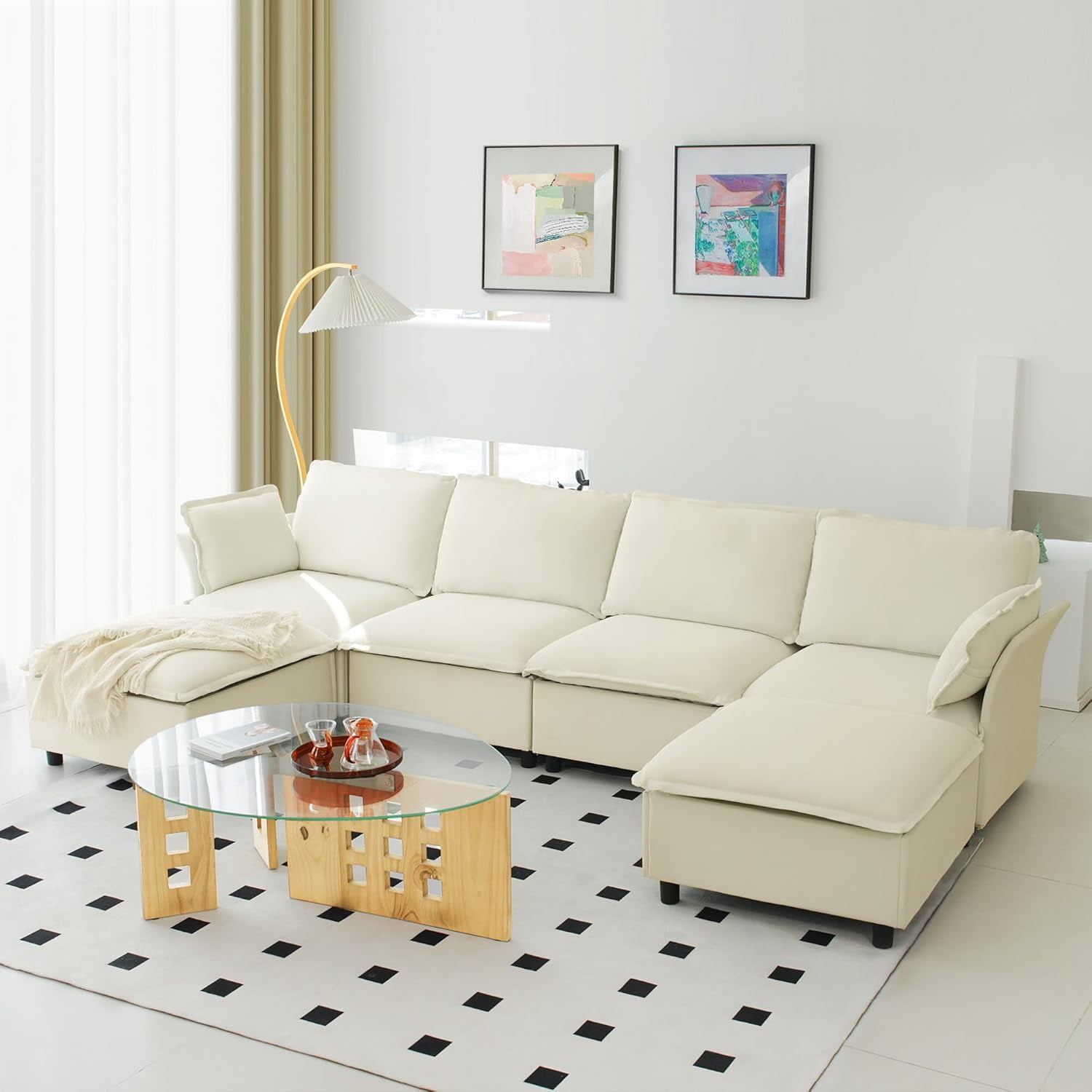 Akaber 130" U-Shaped Cloud Sectional Sofa, Modular Velvet Convertible ...