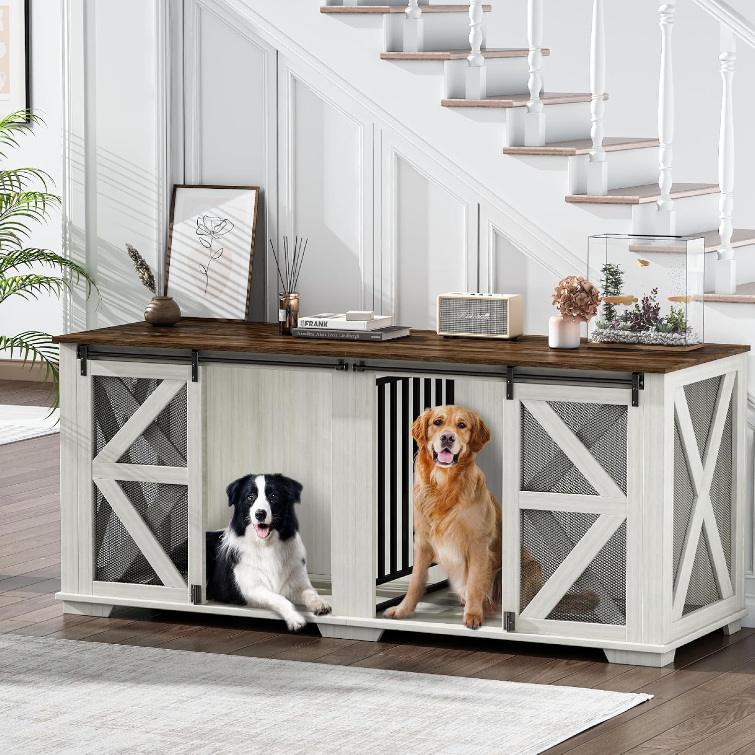 Akaber Large Dog Crate Furniture Indoor for 2 Dogs, 70'' Farmhouse ...