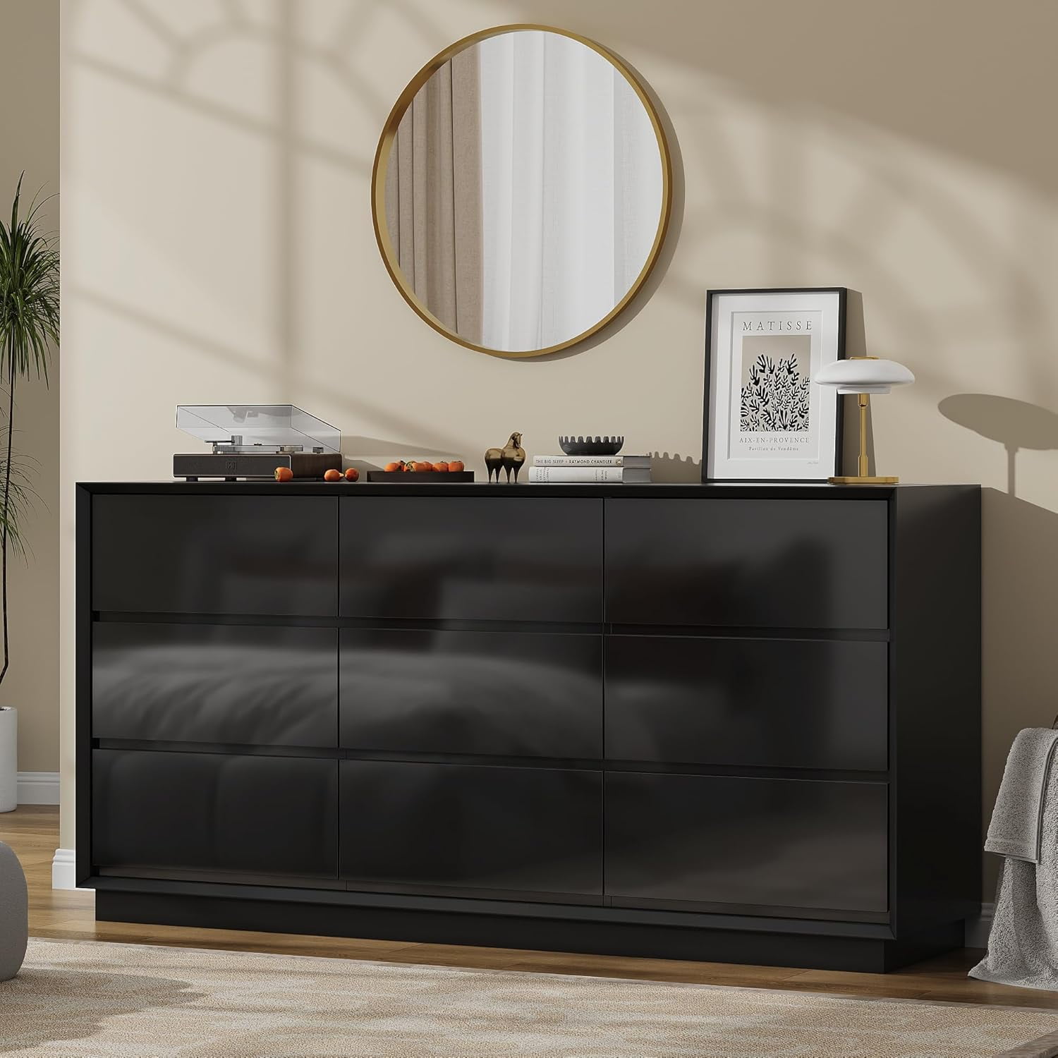 Akaber US 63'' Black Dresser for Bedroom, Glossy Large Dresser with 9 ...