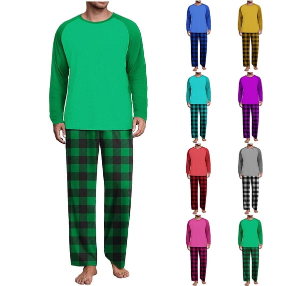 Akafmk Men's Plaid Pajama Set Long Sleeve Crew Neck Raglan Colorblock ...